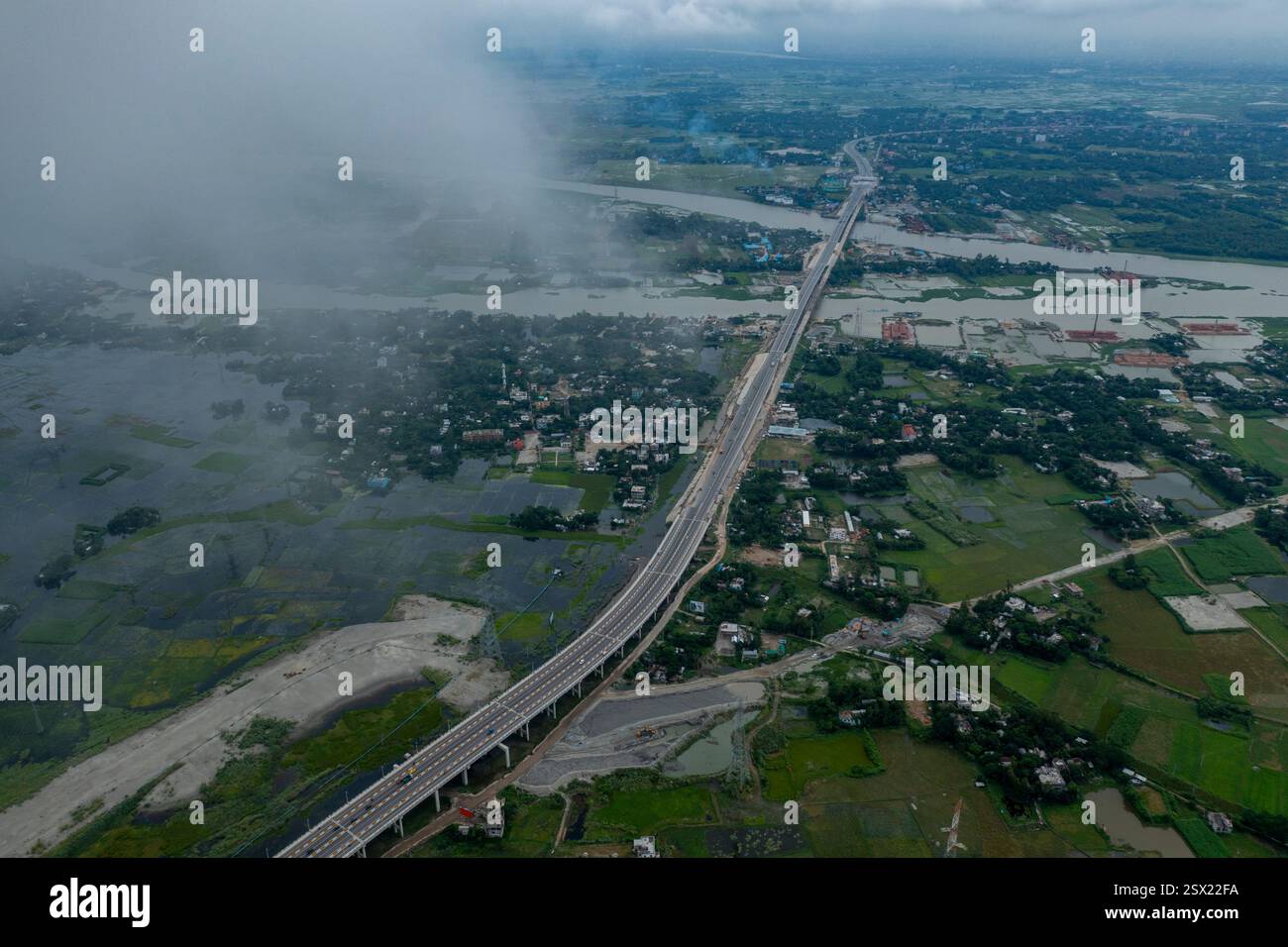 An aerial view of the Dhaka–Bhanga Expressway spanning the Dhaleshwari ...