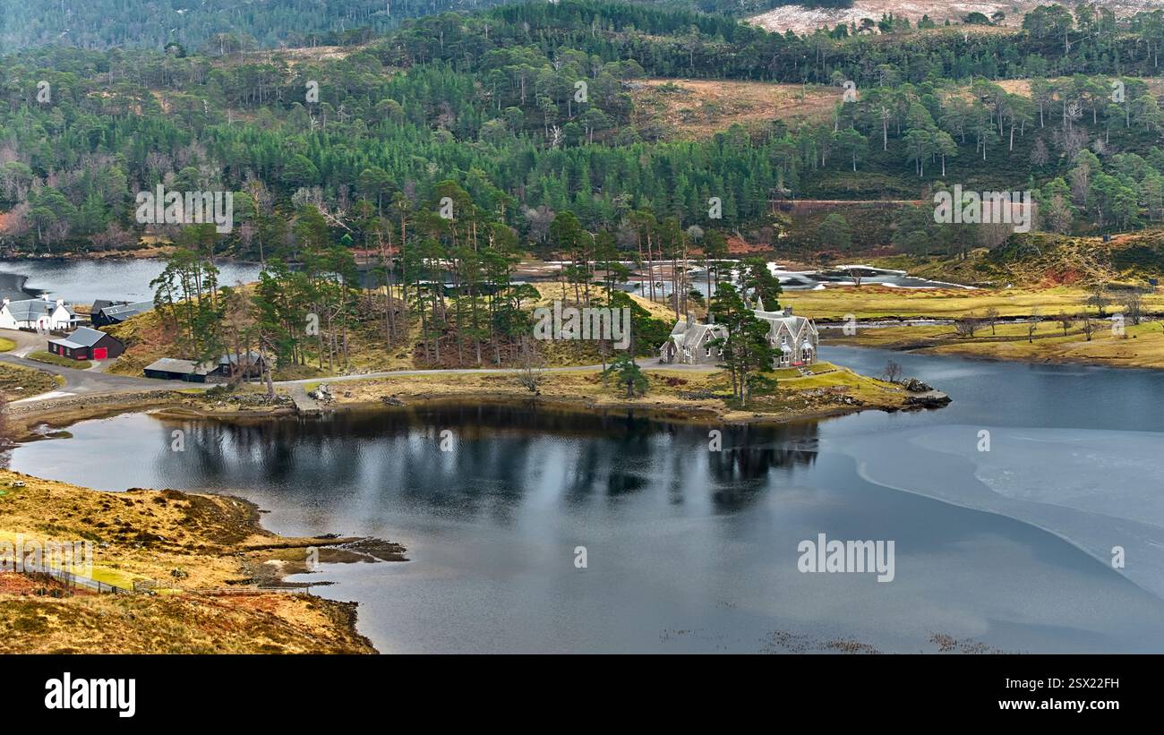 Glen Affric Highland Scotland the Lodge and an ice covered Loch Affric ...