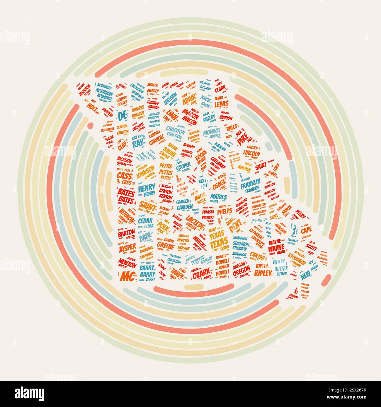 Missouri round poster. Typography style image of the State. Counties ...