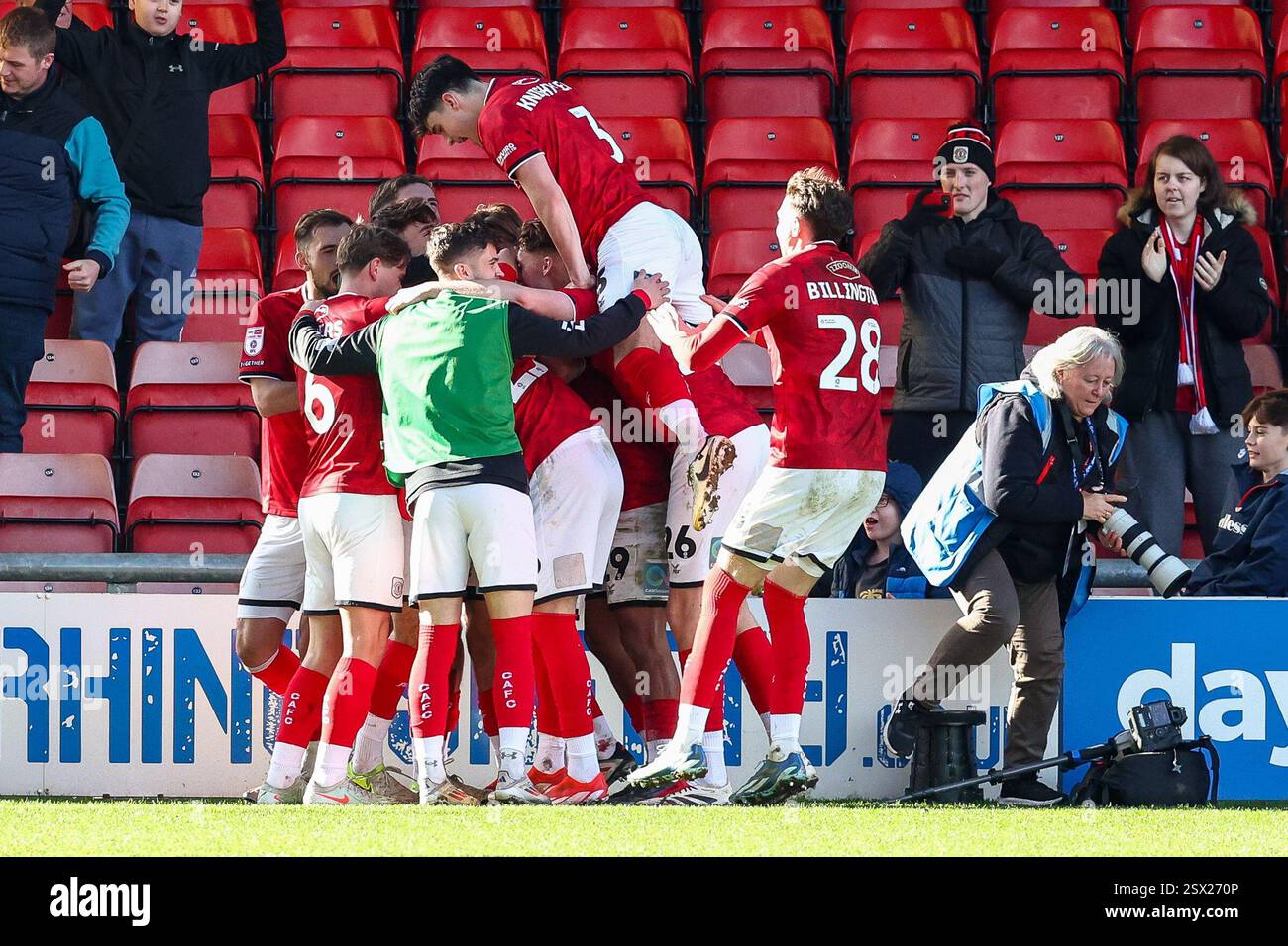 Crewe Alexandra players celebrate the goal by #30, Tom Lowery from the ...