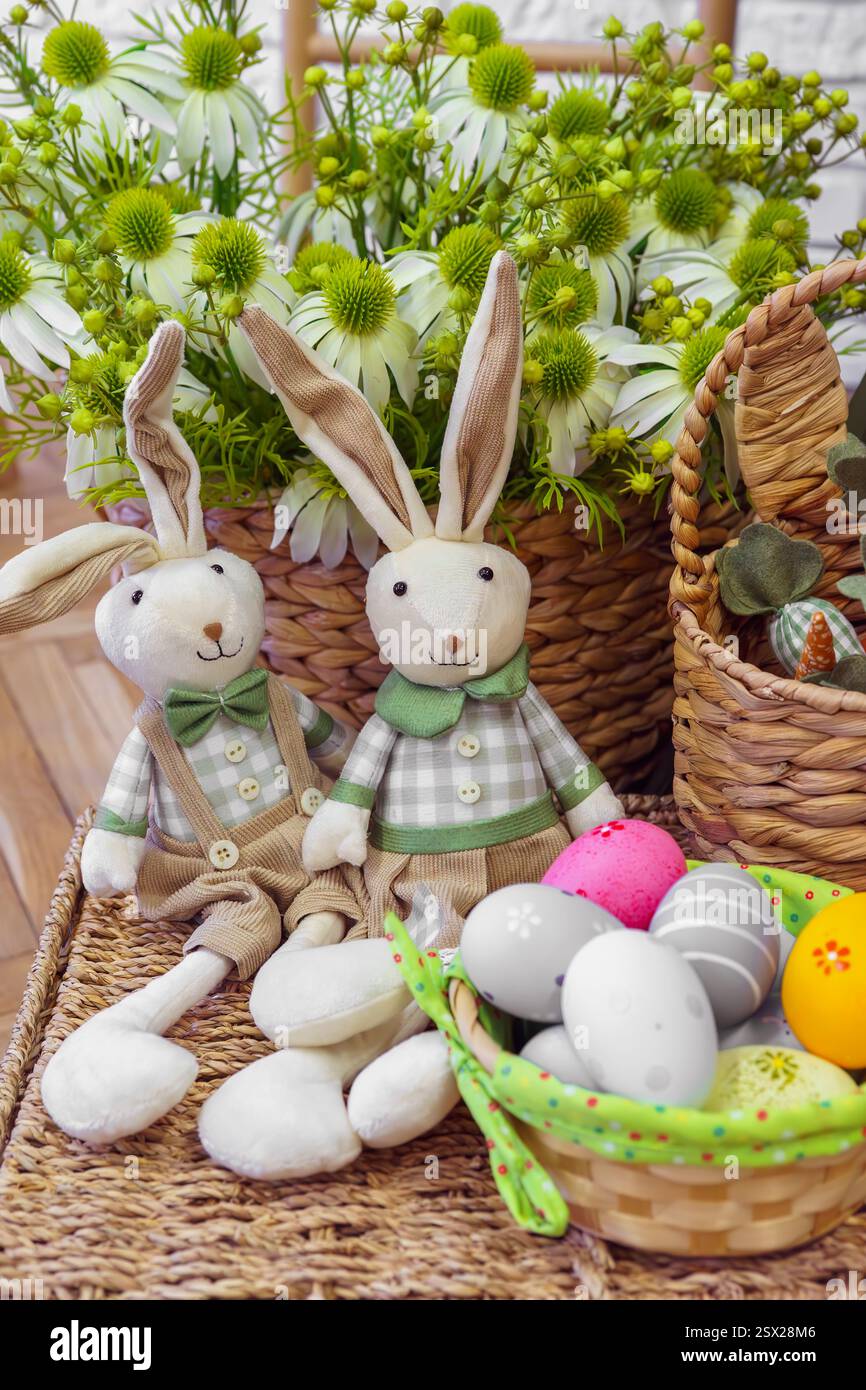 Two handmade plush toy bunnies, rabbits with decorative colorful Easter ...