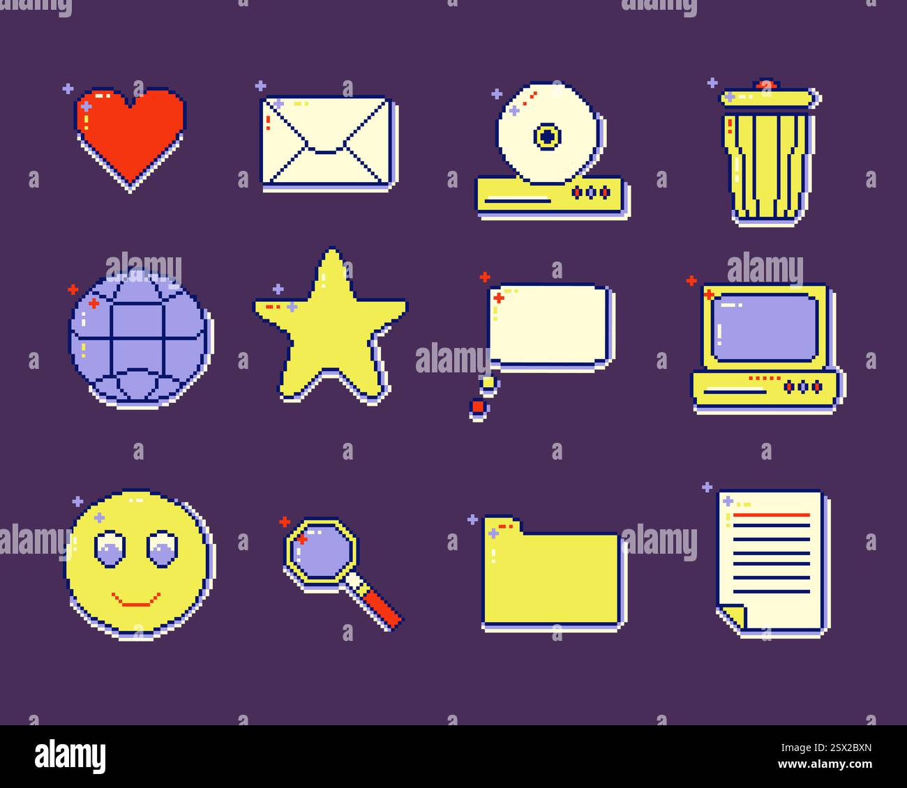 Nostalgic pixel art eight bit operating system and shapes icon set. Y2k retro 90s vaporwave ...