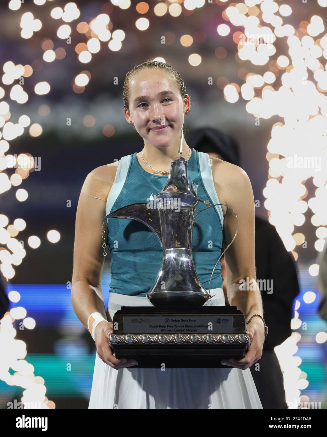 Dubai, UAE, 22nd. Feb, 2025. Tennis player Mirra Andreeva with the ...