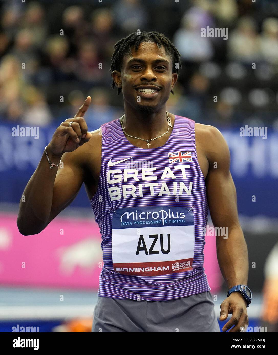 Jeremiah Azu celebrates winning the Men's 60m Final on day one of the ...