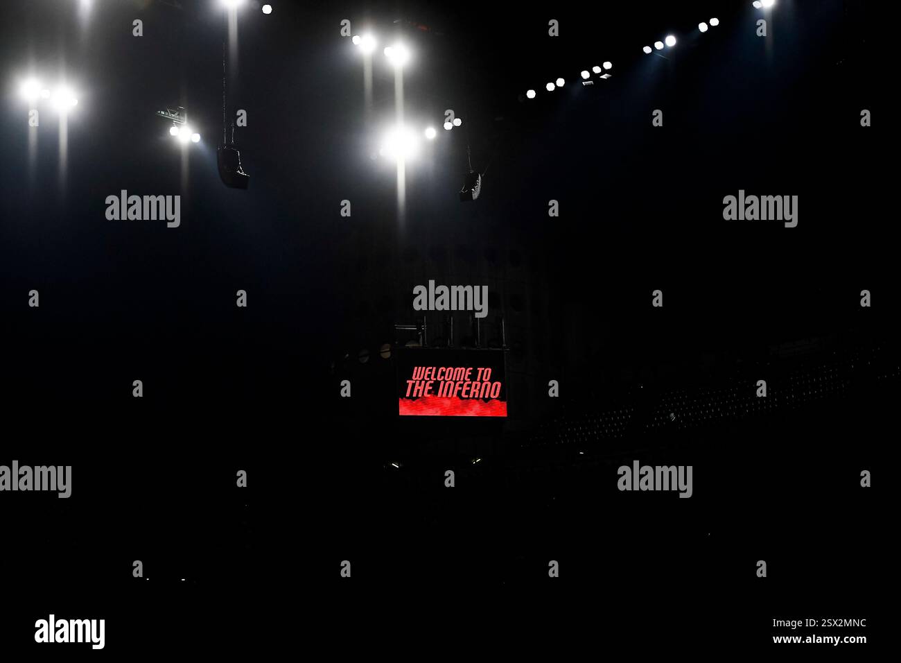 The words ‘welcome to inferno’ are displayed on the big screen during ...