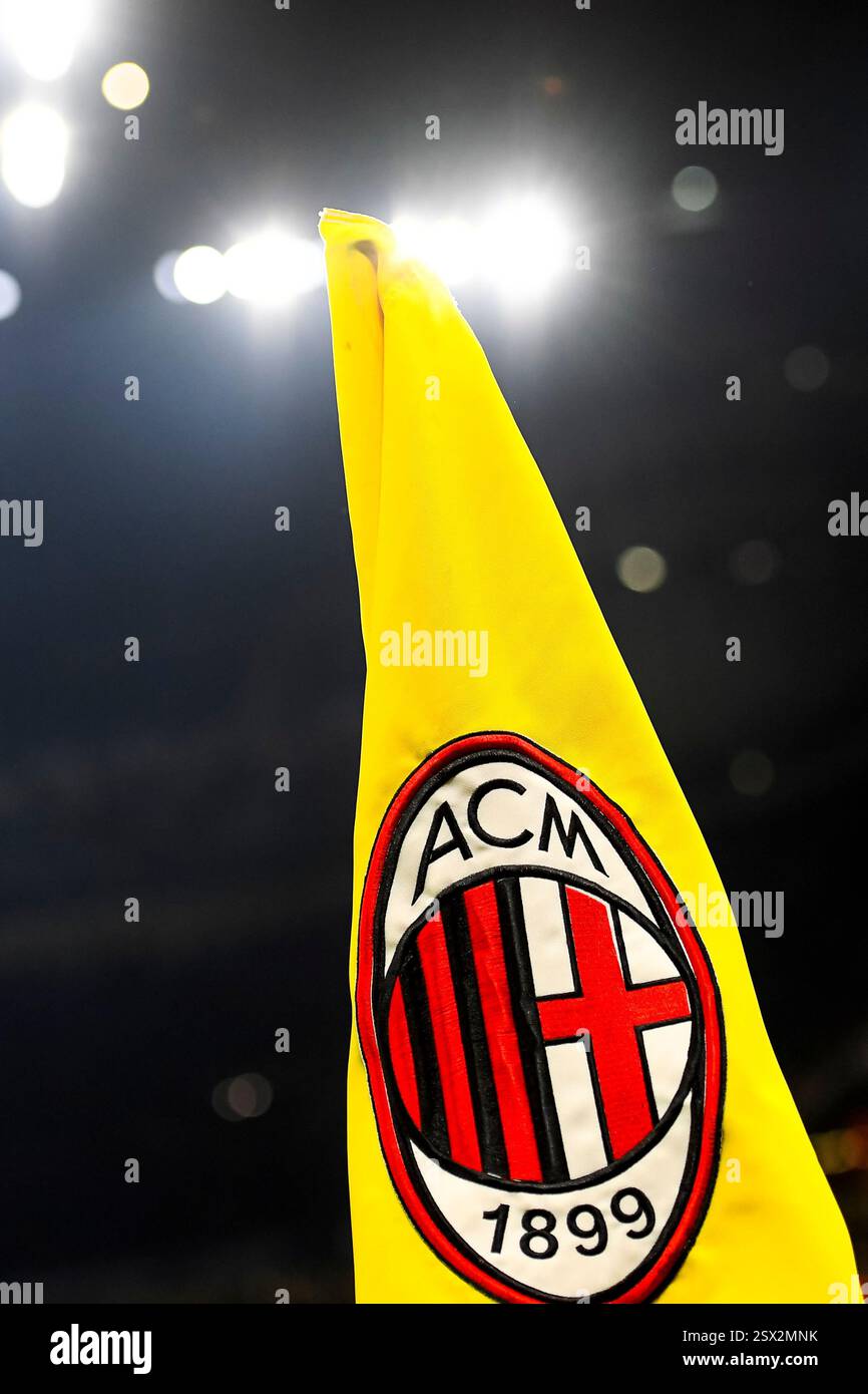 Milan crest is seen printed on the corner flag during the UEFA ...