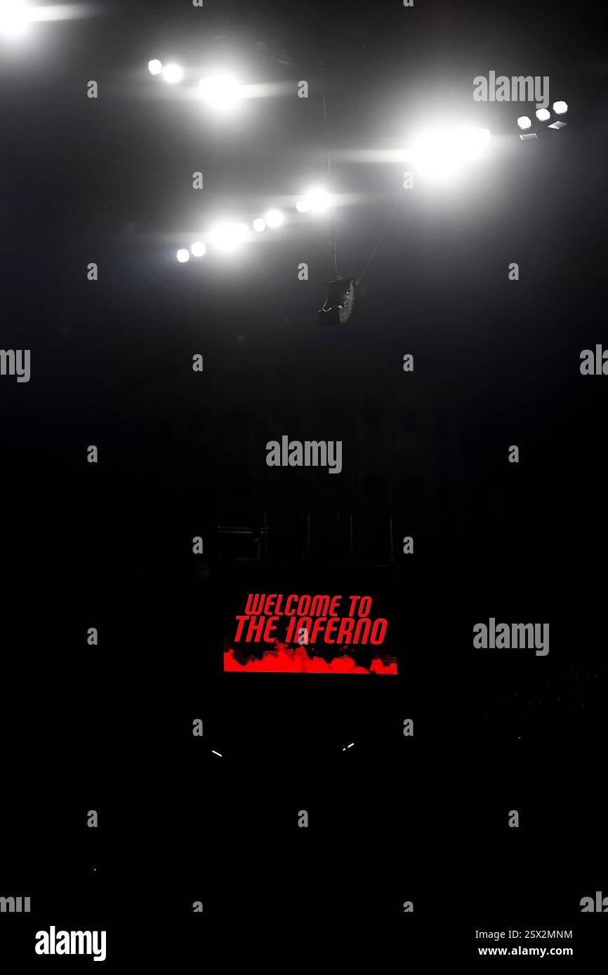 The words ‘welcome to inferno’ are displayed on the big screen during ...