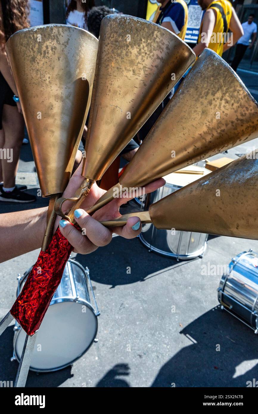 Metal percussion instrument afro brazilian agogo bell Stock Photo - Alamy