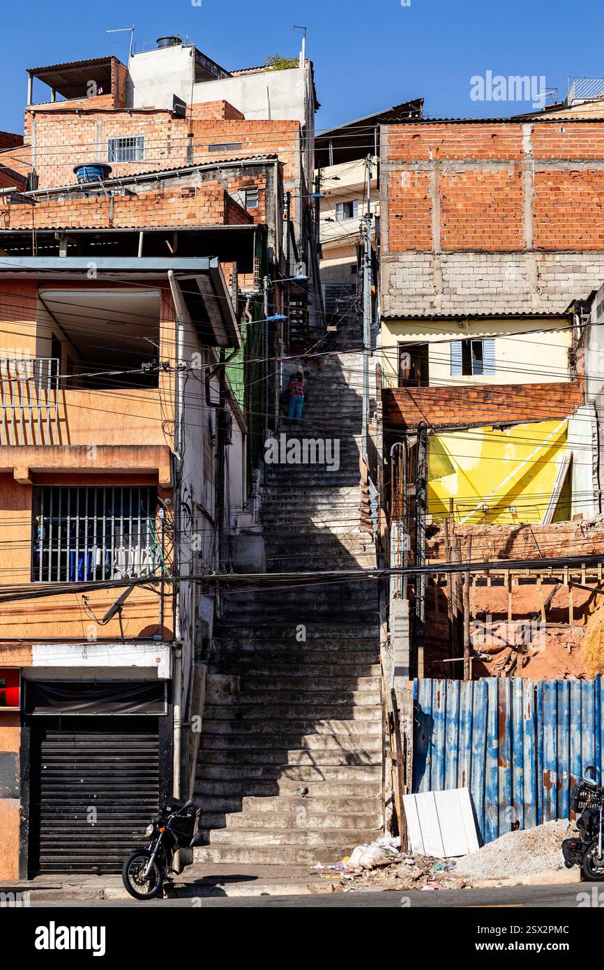 View of favela buildings, poor neighborhood of Osasco. Staircase in the ...