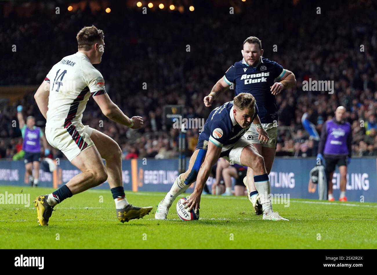 Scotland's Duhan van der Merwe scores a try during the Guinness Men's ...