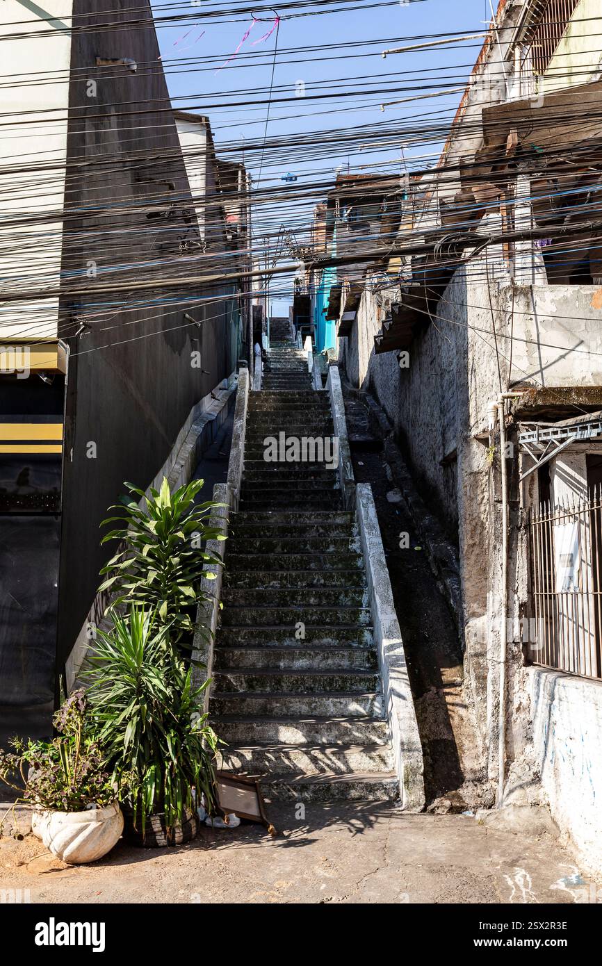 View of favela buildings, poor neighborhood of Osasco. Staircase in the ...