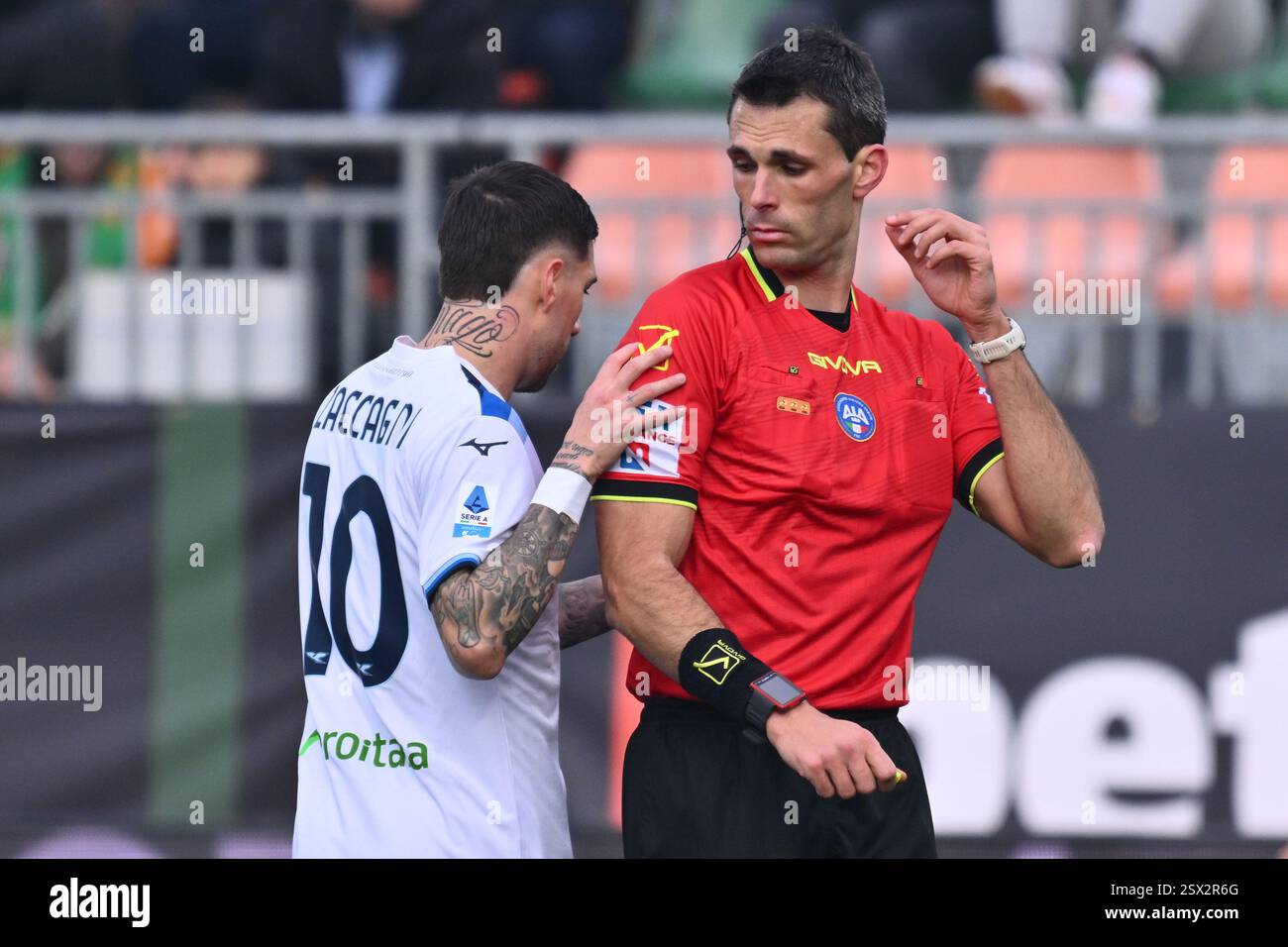 Mattia Zaccagni of S.S. Lazio and Referee Matteo Marchetti during the ...