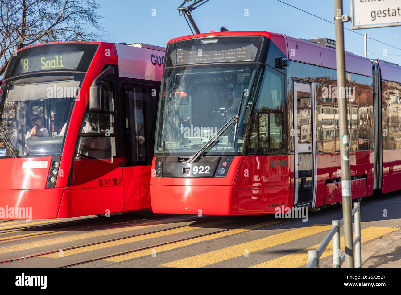 January 15, 2025. Switzerland, Bern. Red trams in the city center ...