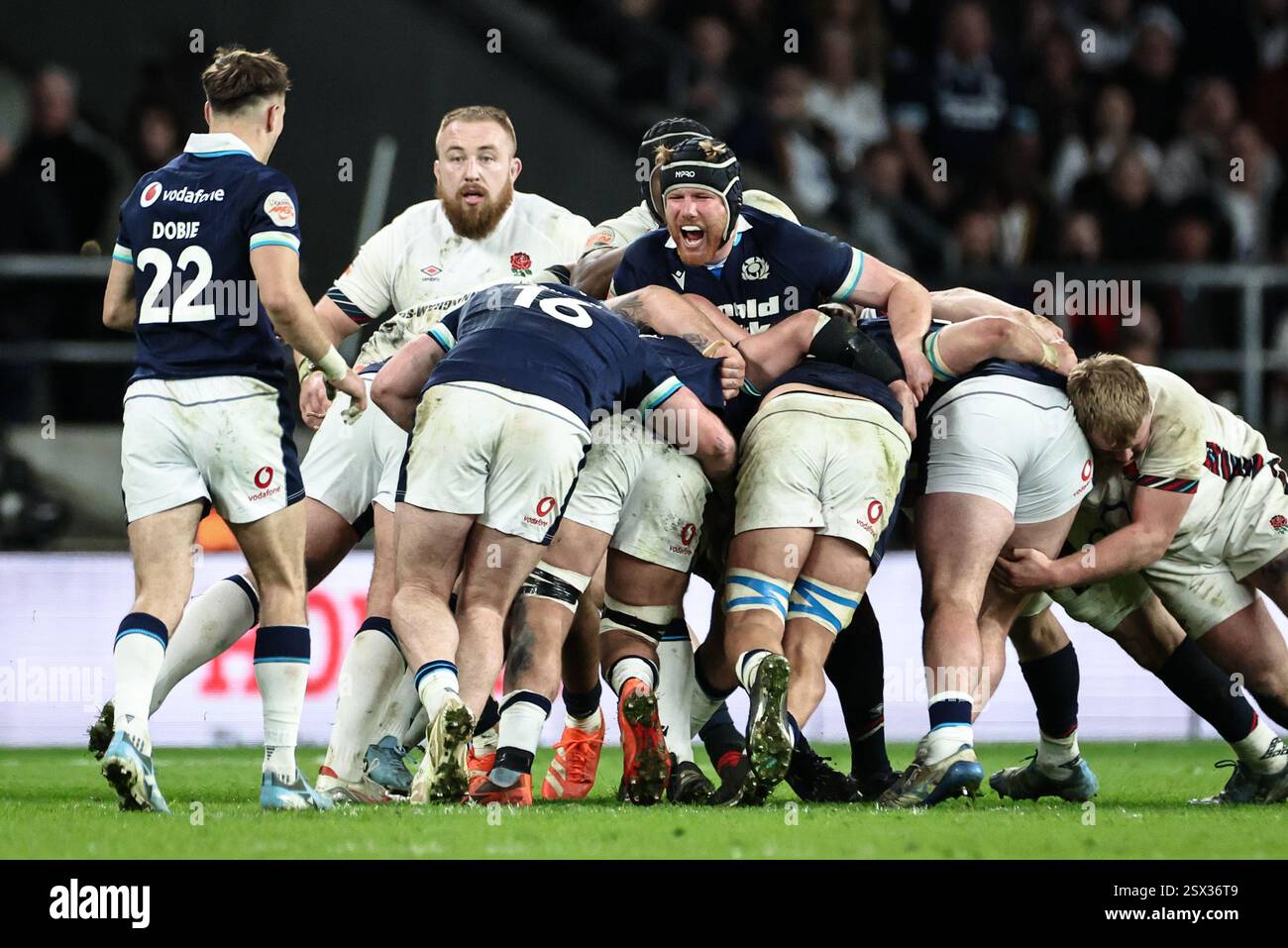 Gregor Brown of Scotland reacts as he tries to push England back during ...
