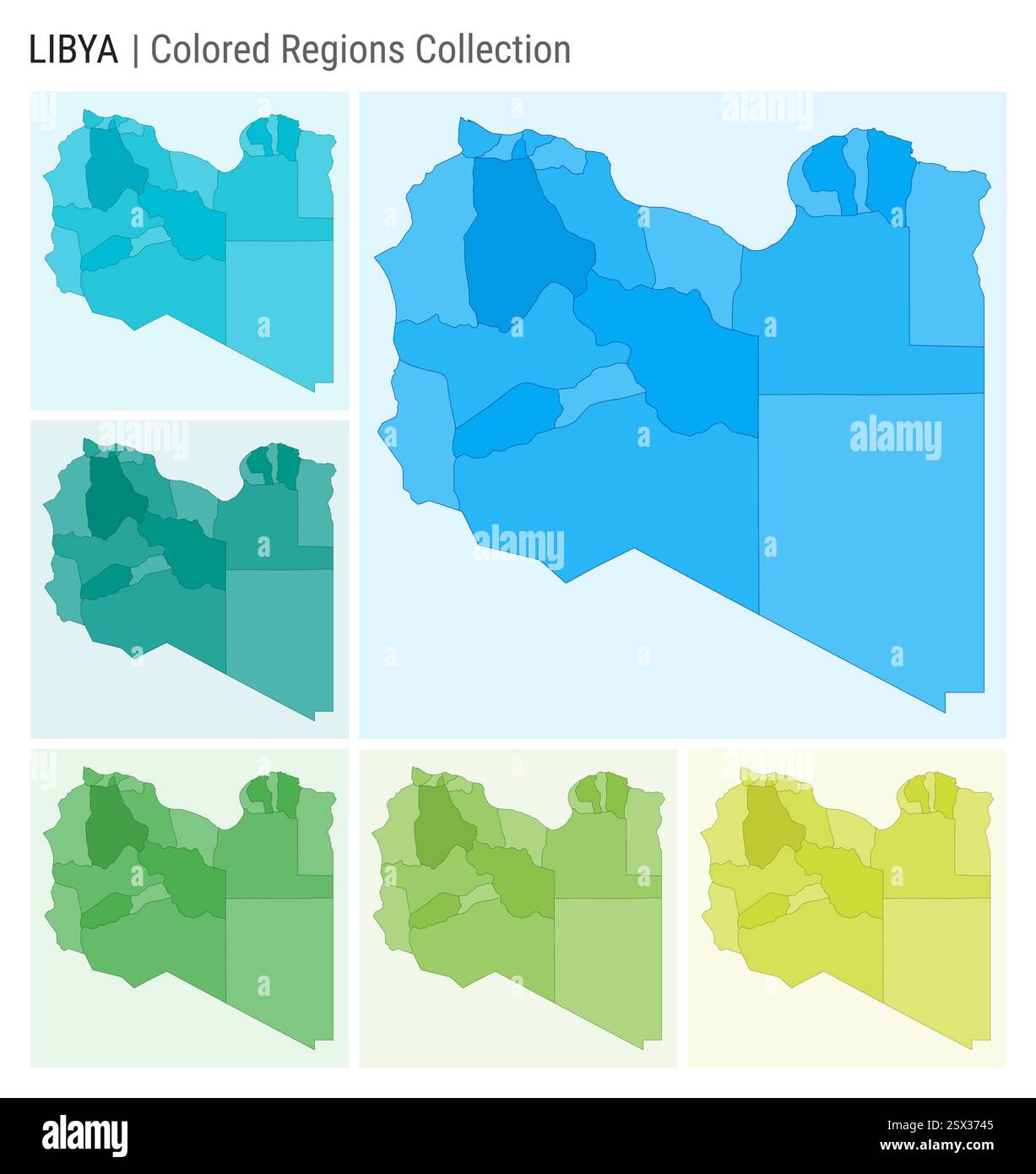 Libya map collection. Country shape with colored regions. Light Blue ...