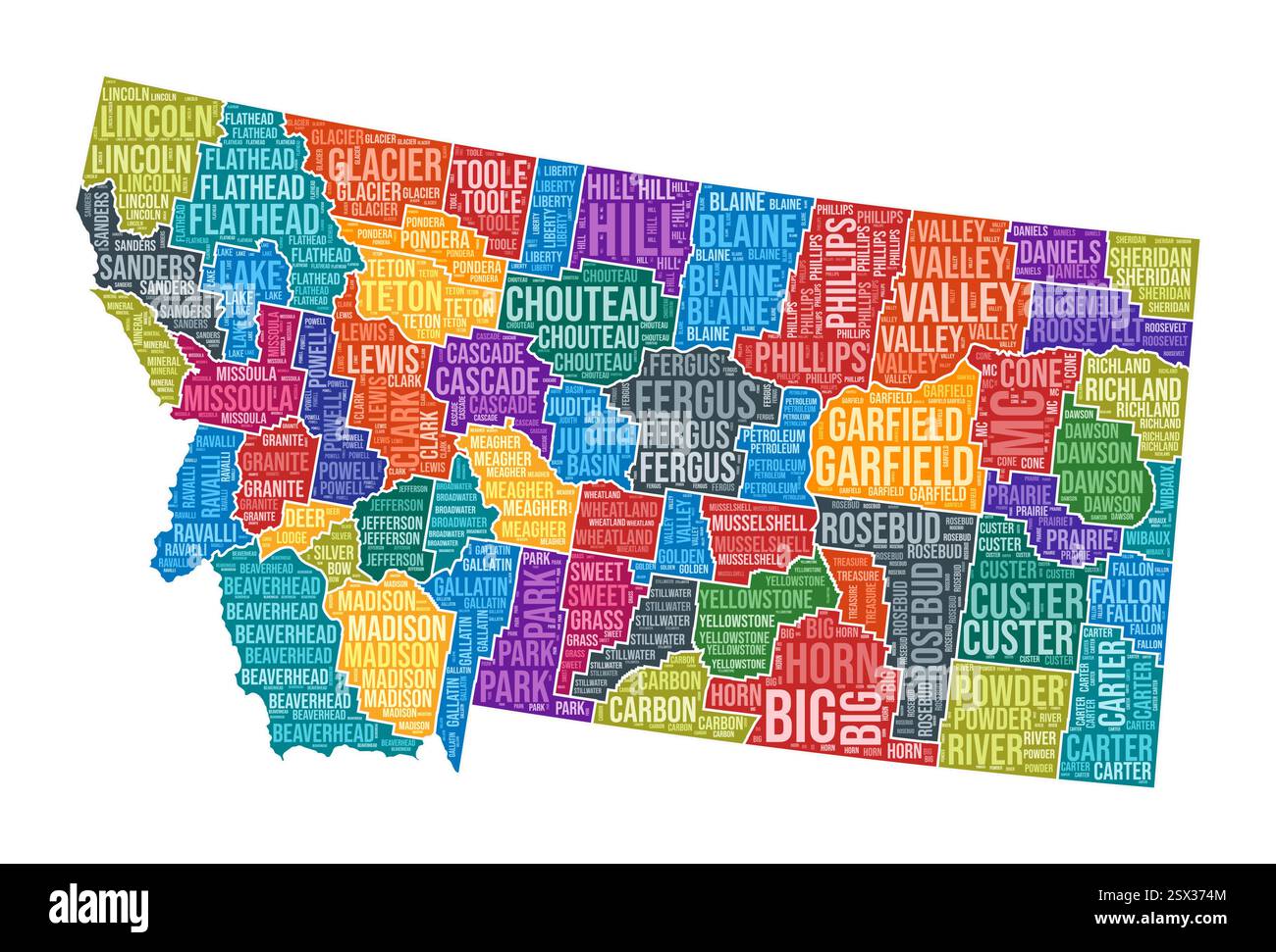 Montana shape. State word cloud with county division. Montana colored ...