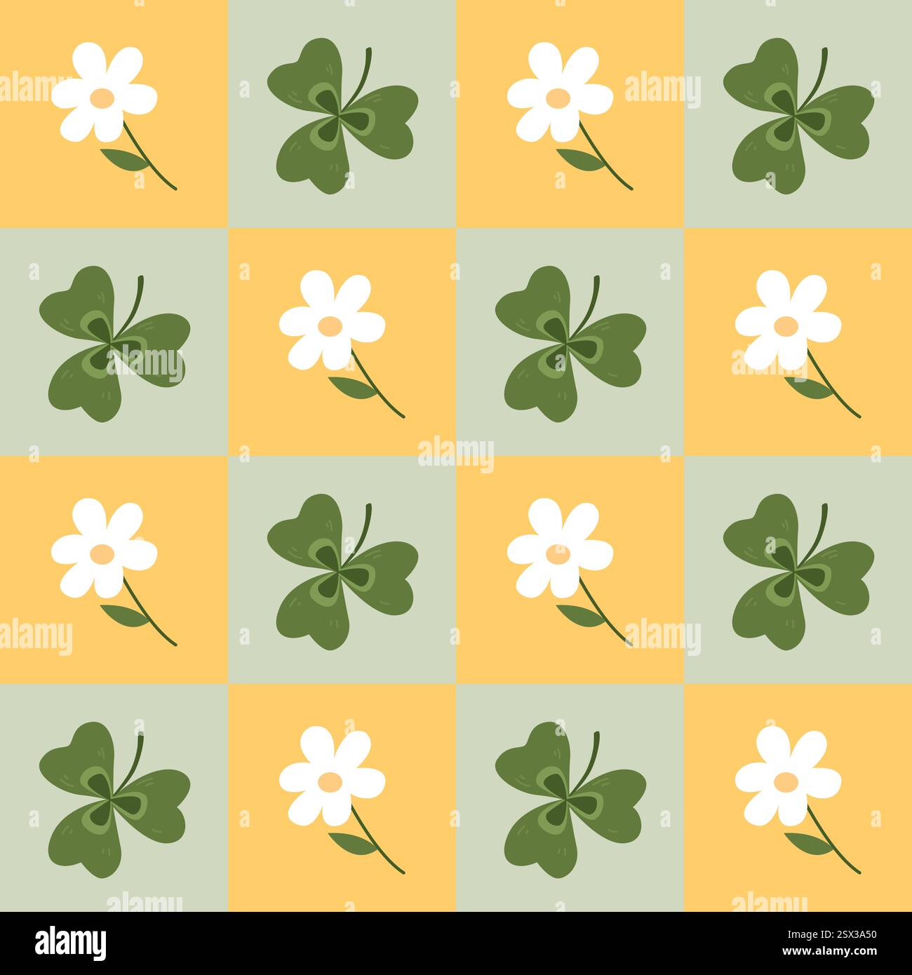 Groovy checkered seamless pattern with cute flower and clover leaf ...