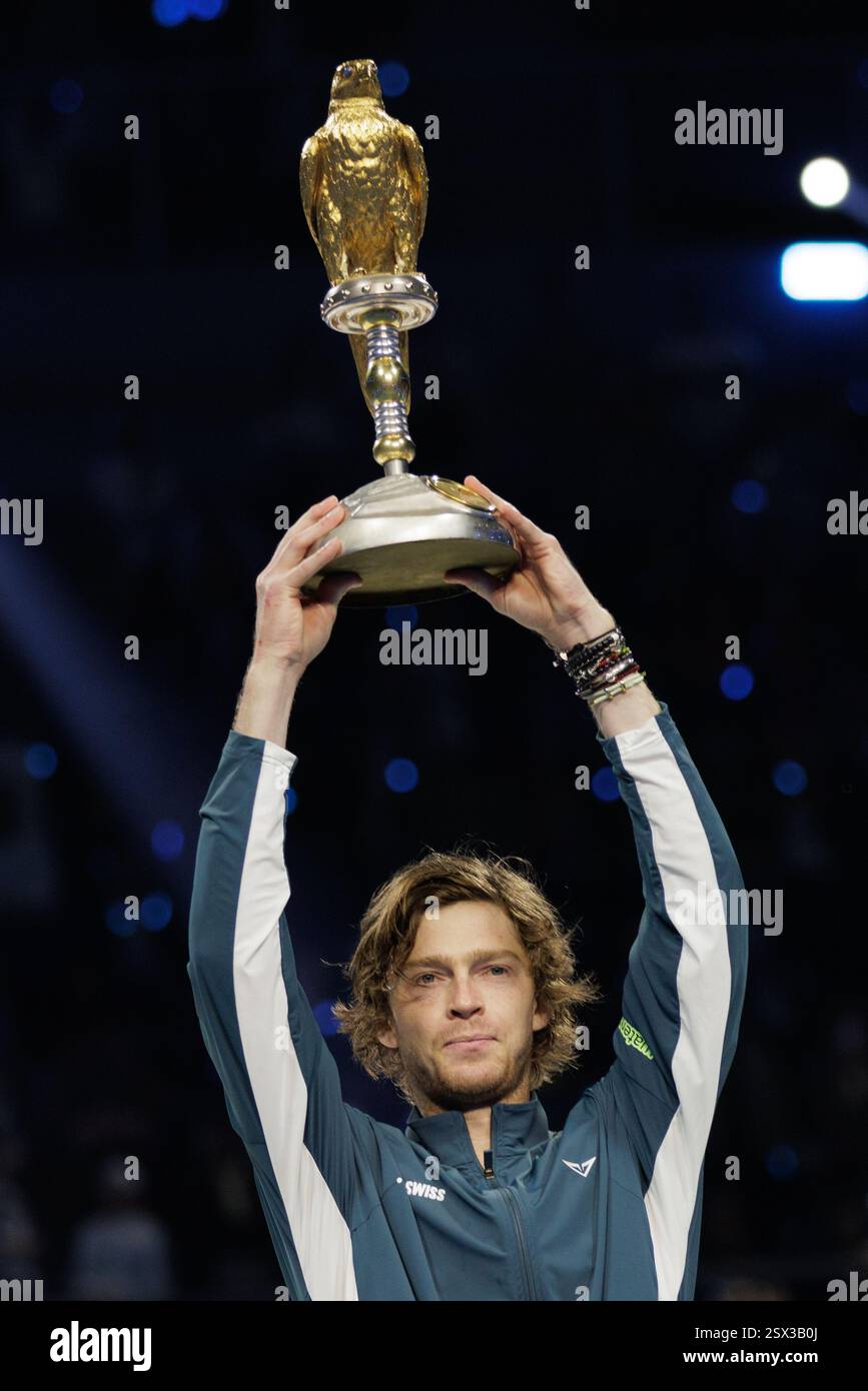 Doha, Qatar. 22nd Feb, 2025. Andrey Rublev of Russia celebrates with ...