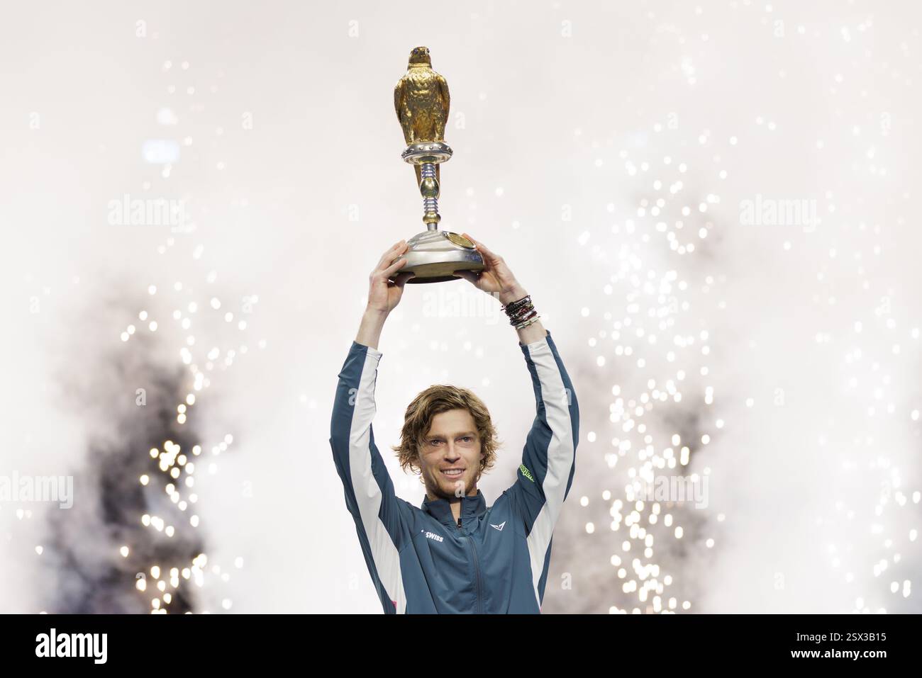 Doha, Qatar. 22nd Feb, 2025. Andrey Rublev of Russia celebrates with ...