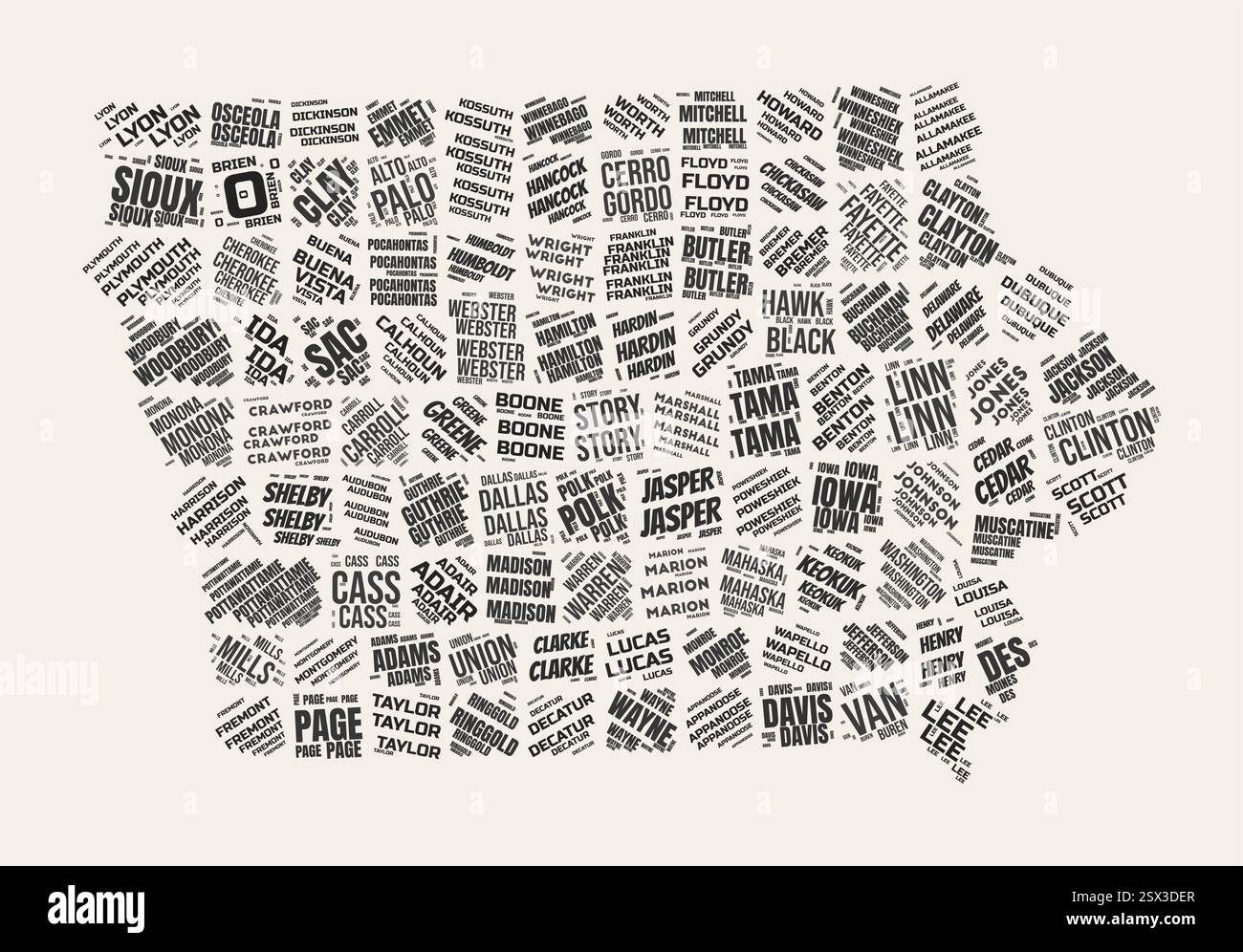 Iowa Word Cloud. State with counties division. Iowa typographic text ...