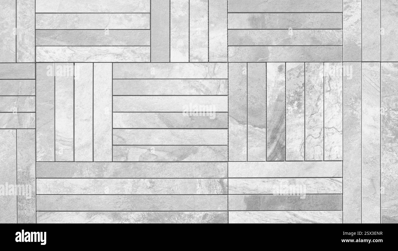 A gray tile floor with a pattern of wood and stone. The tiles are ...