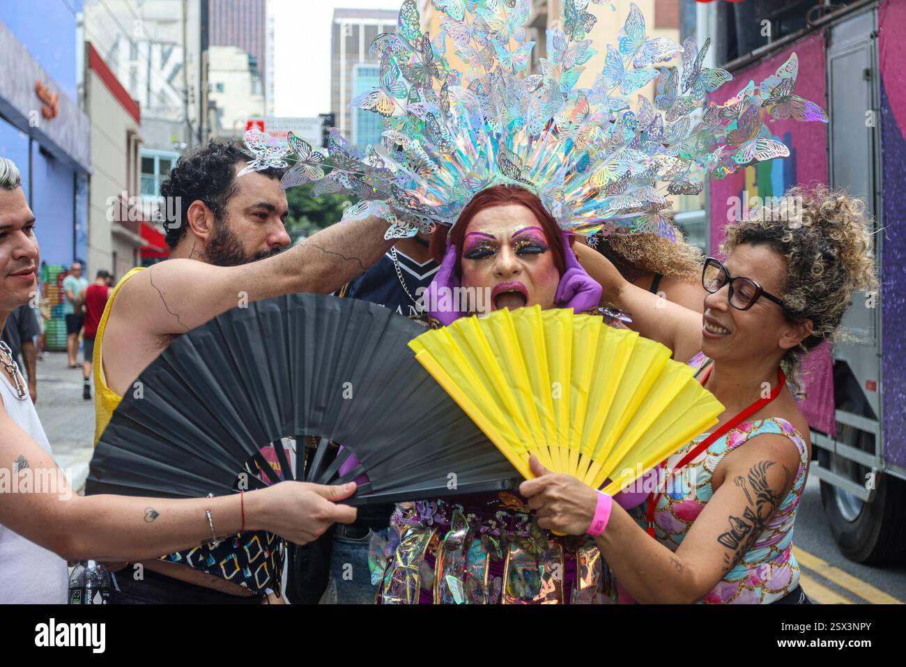 Sao Paulo, Brazil. 22nd Feb, 2025. A man in costume is shielded with ...