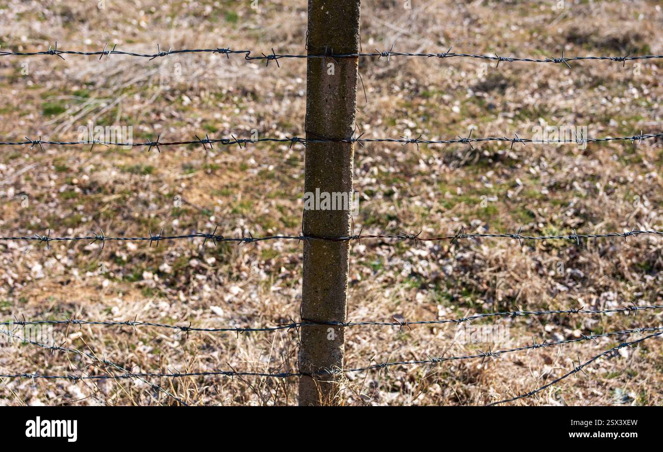 Concrete Pillar with Barbed Wire – A Dividing Line Stock Photo - Alamy