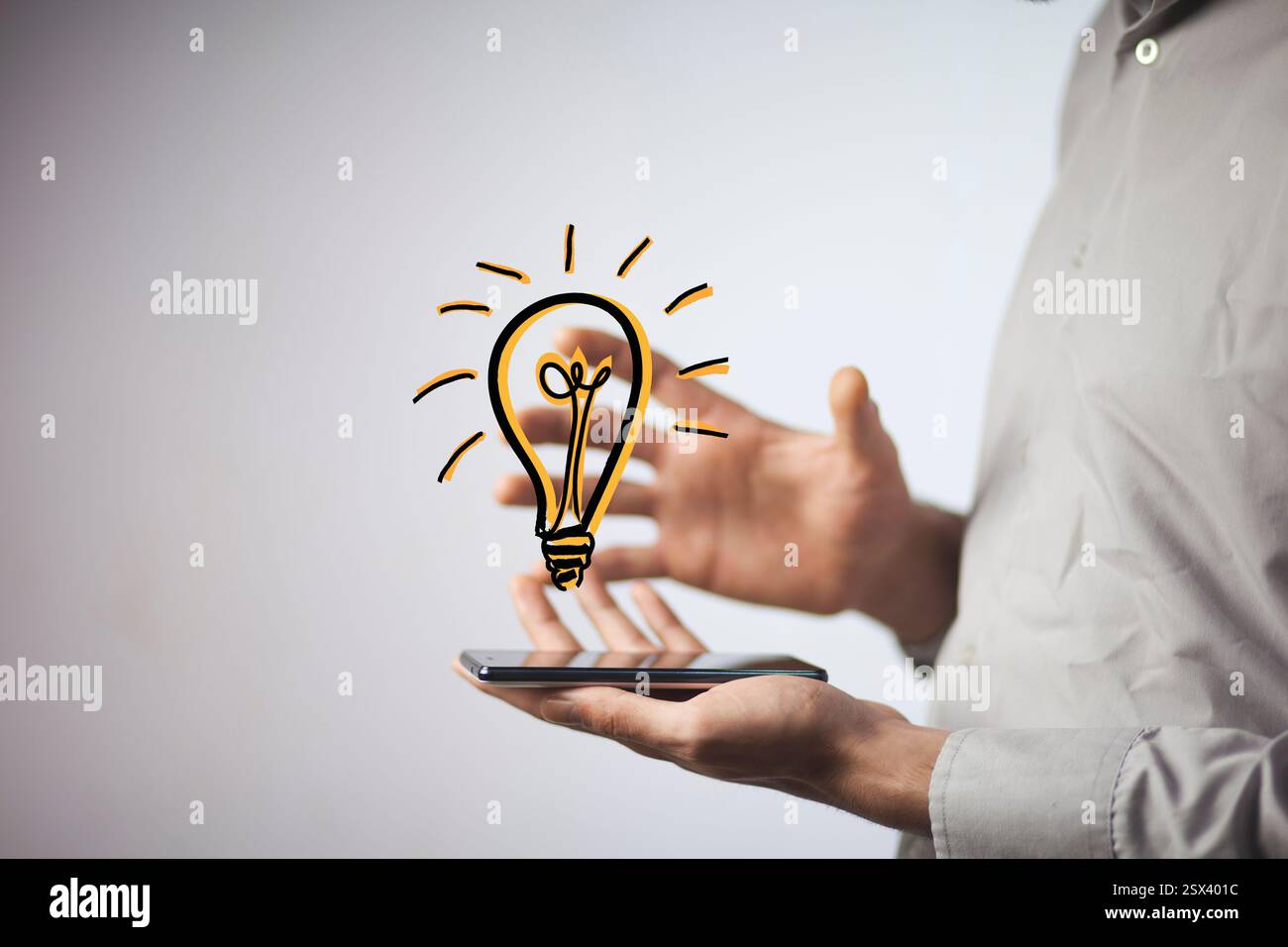 business man hand phone with idea in screen Stock Photo - Alamy