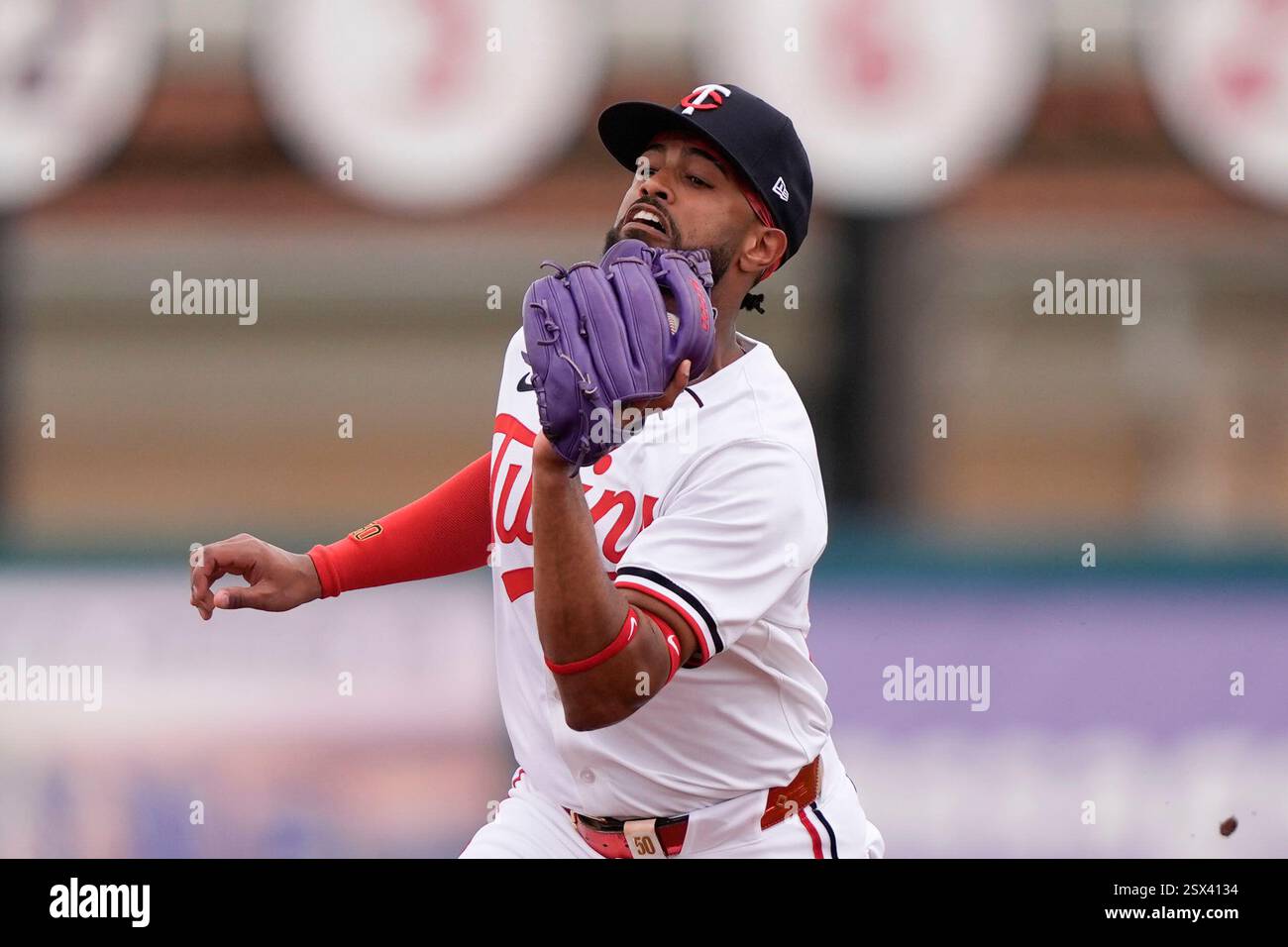 Minnesota Twins shortstop Willi Castro (50) fields a fly out by Atlanta ...