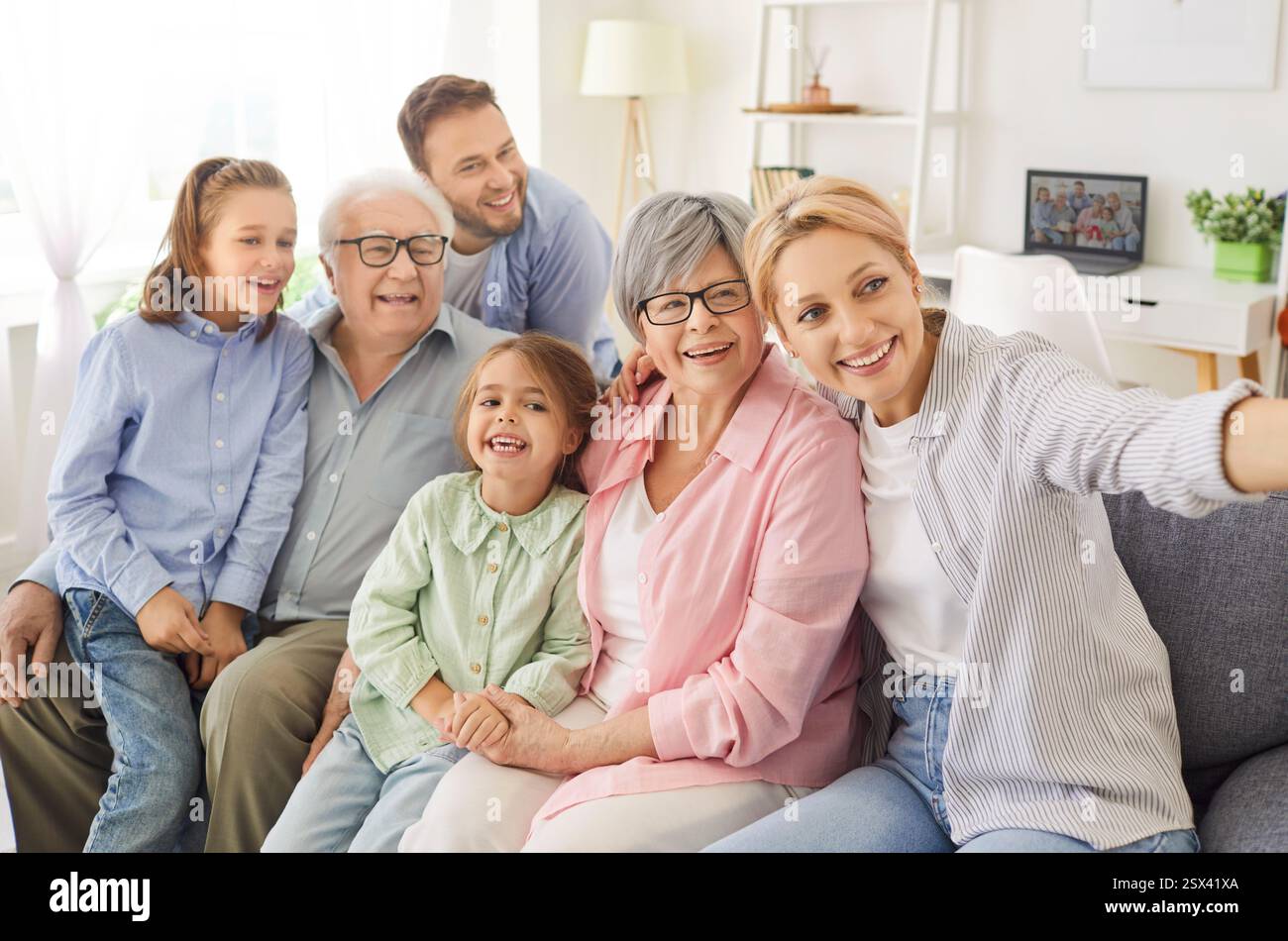 Happy family, three generation people, senior parents with adorable ...