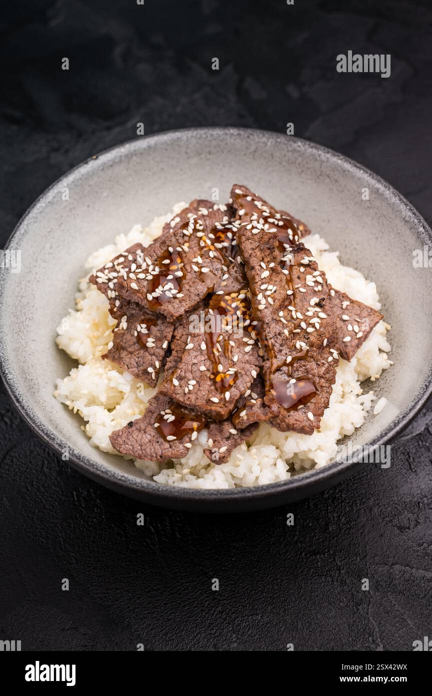 Yakiniku, wagyu marbled beef cuts and rice in a bowl. A culinary journey that captures the ...