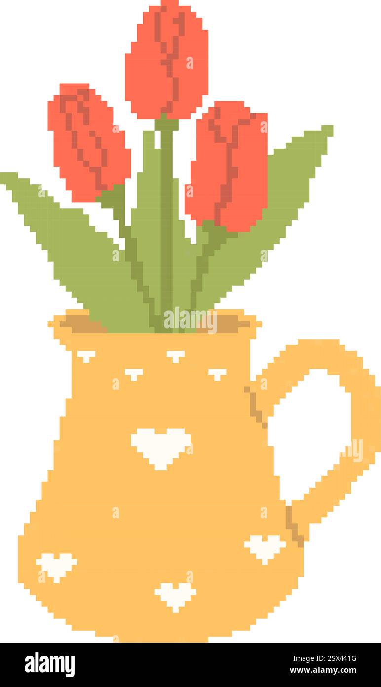 Pixel Art Spring Red Tulip Bouquet in Yellow Jug. Vector illustration ...