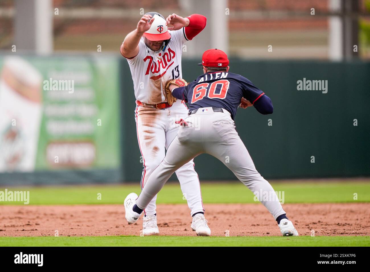 Minnesota Twins Ty France (13) is caught in a a rundown by Atlanta ...