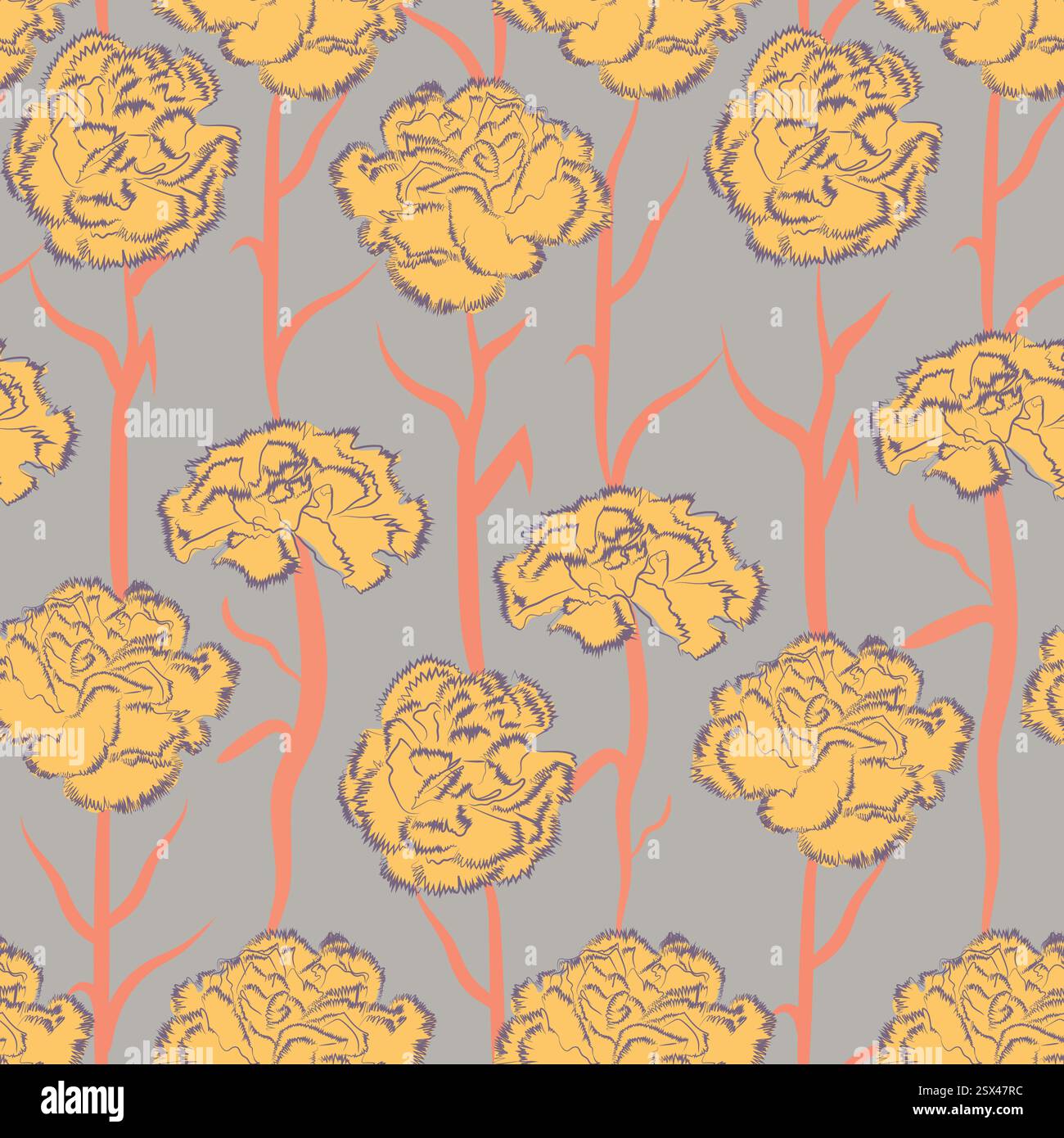 carnation Flowers hand drawn vector stylized floral art yellow seamless ...