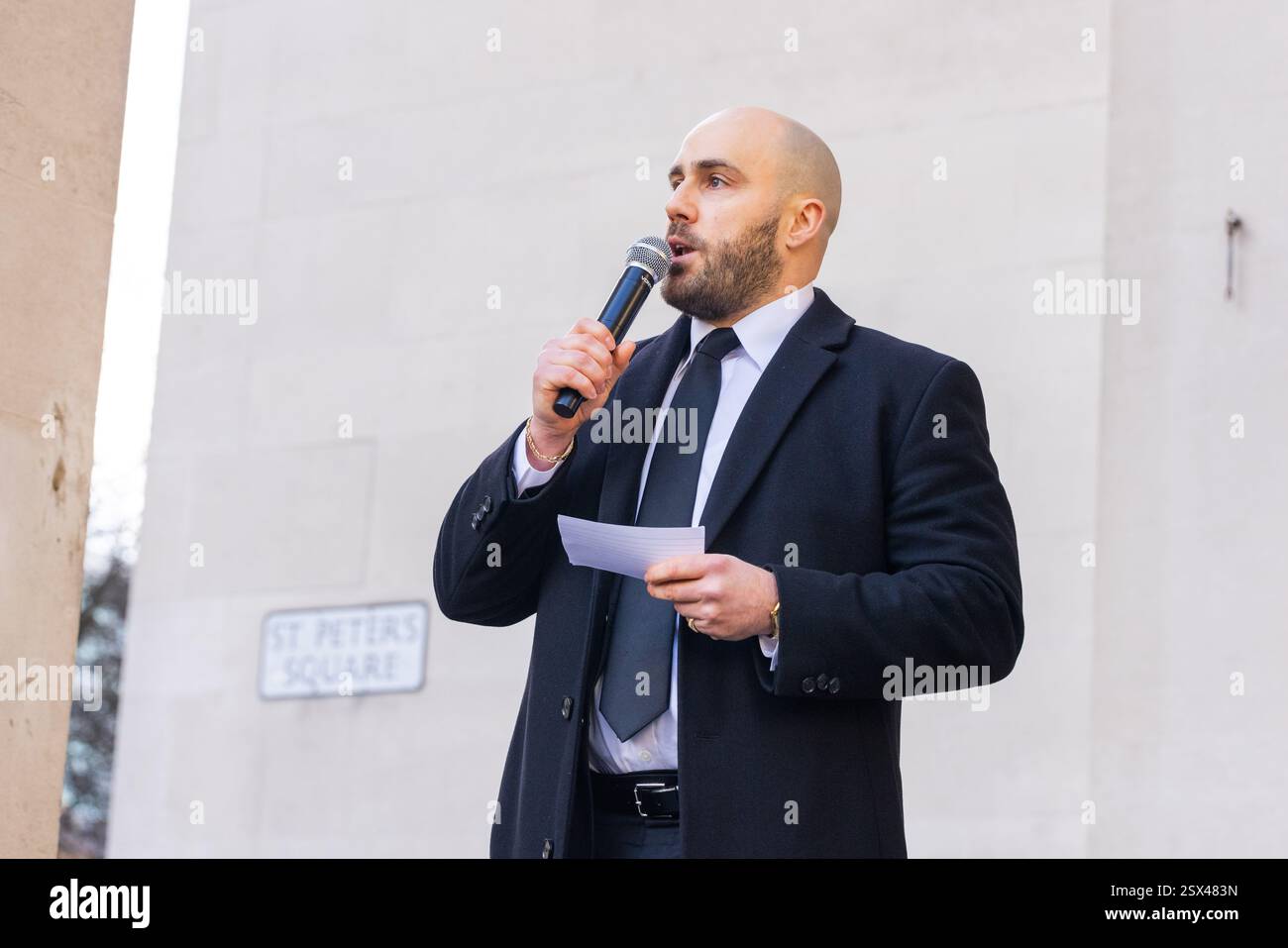 Manchester, UK. 22 FEB, 2025. Nick Tenconi, leader of UKIP speaks at a ...