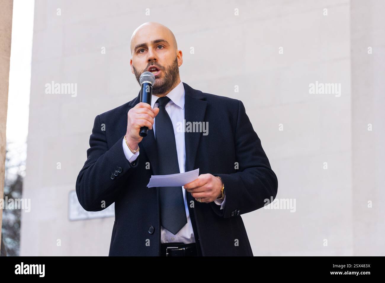 Manchester, UK. 22 FEB, 2025. Nick Tenconi, leader of UKIP speaks at a ...