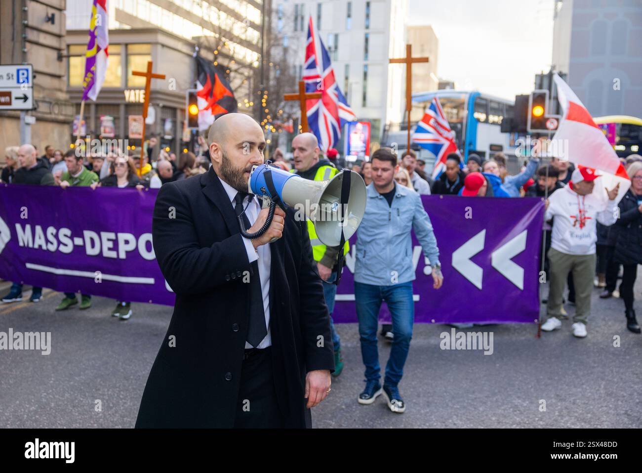 Manchester, UK. 22 FEB, 2025. Nick Tenconi, leader of Ukip, leads a ...