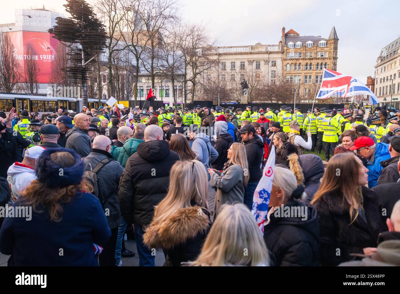 Manchester, UK. 22 FEB, 2025. Police kettle demonstrator as protestors ...