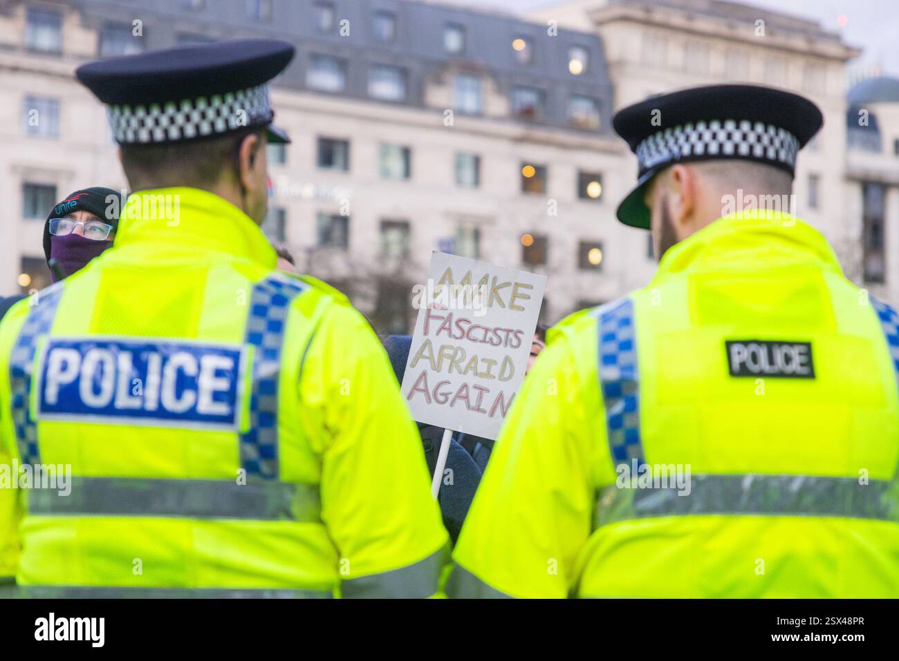 Manchester, UK. 22 FEB, 2025. "Make Fascists affraid again" sign as ...