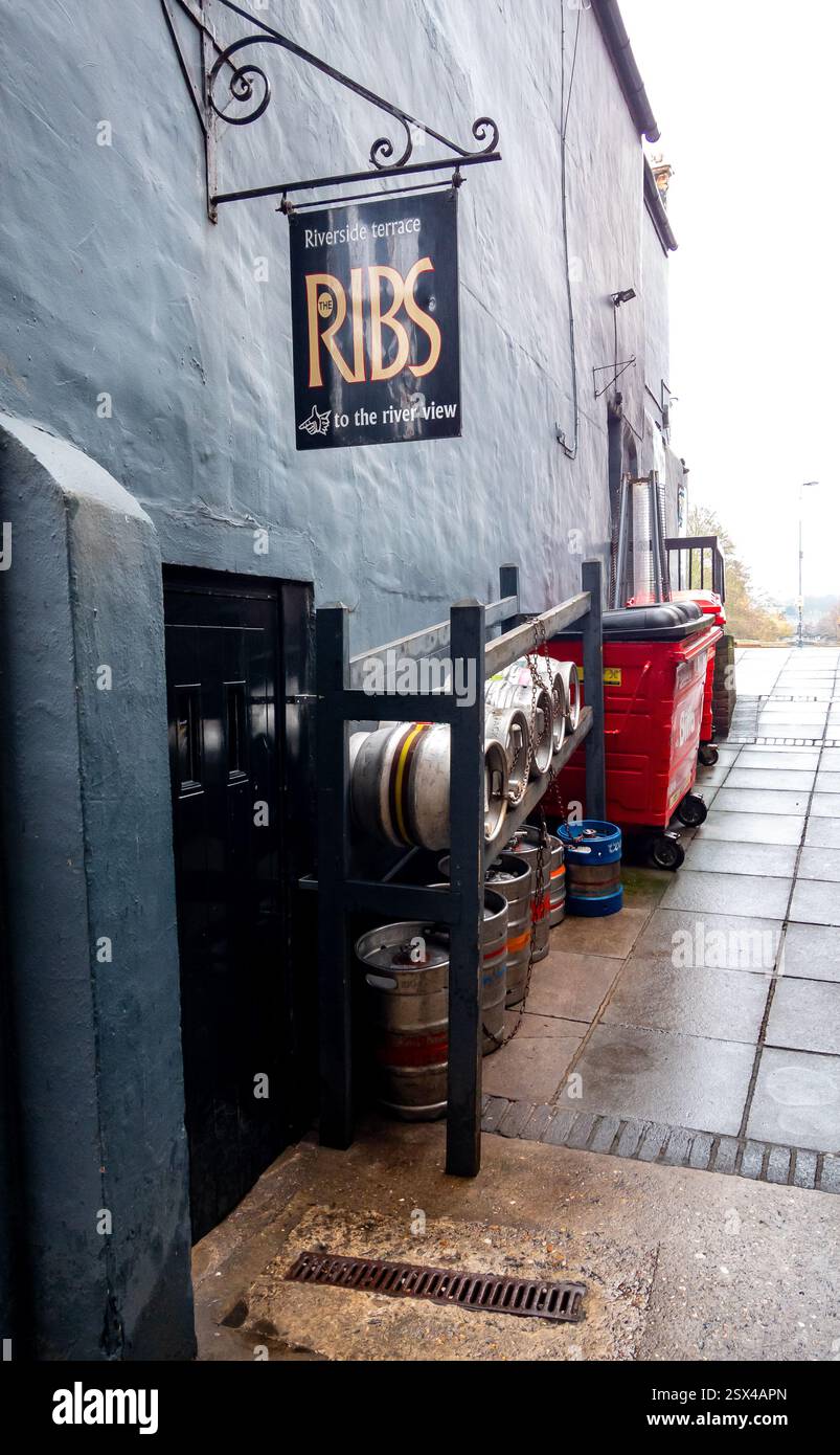 Norwich, Norfolk, UK – February 22 2025. Empty beer kegs and barrels ...