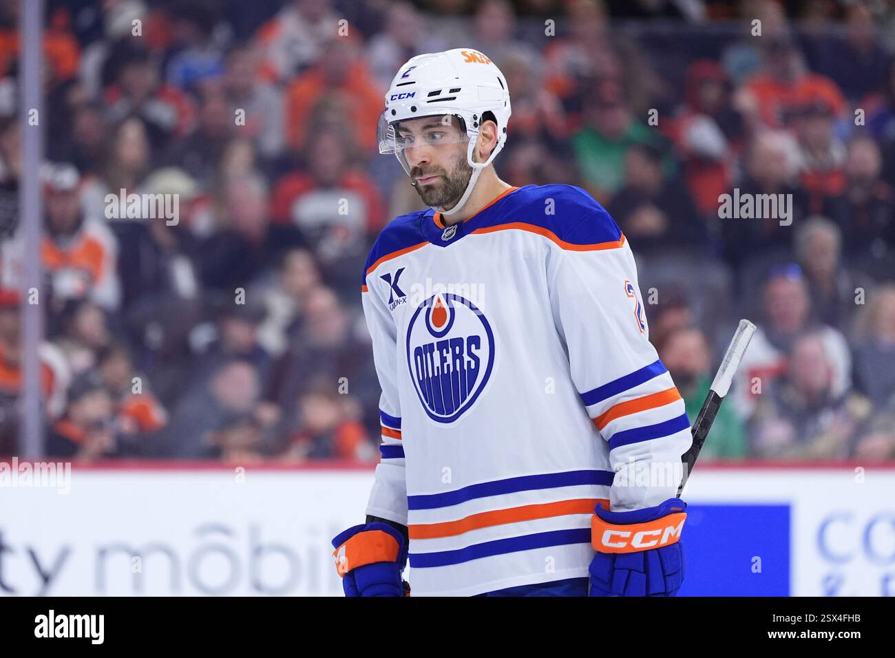 Edmonton Oilers' Evan Bouchard plays during an NHL hockey game ...