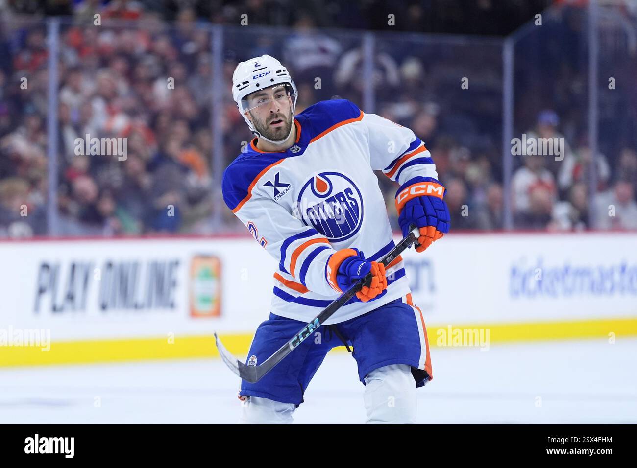 Edmonton Oilers' Evan Bouchard plays during an NHL hockey game ...