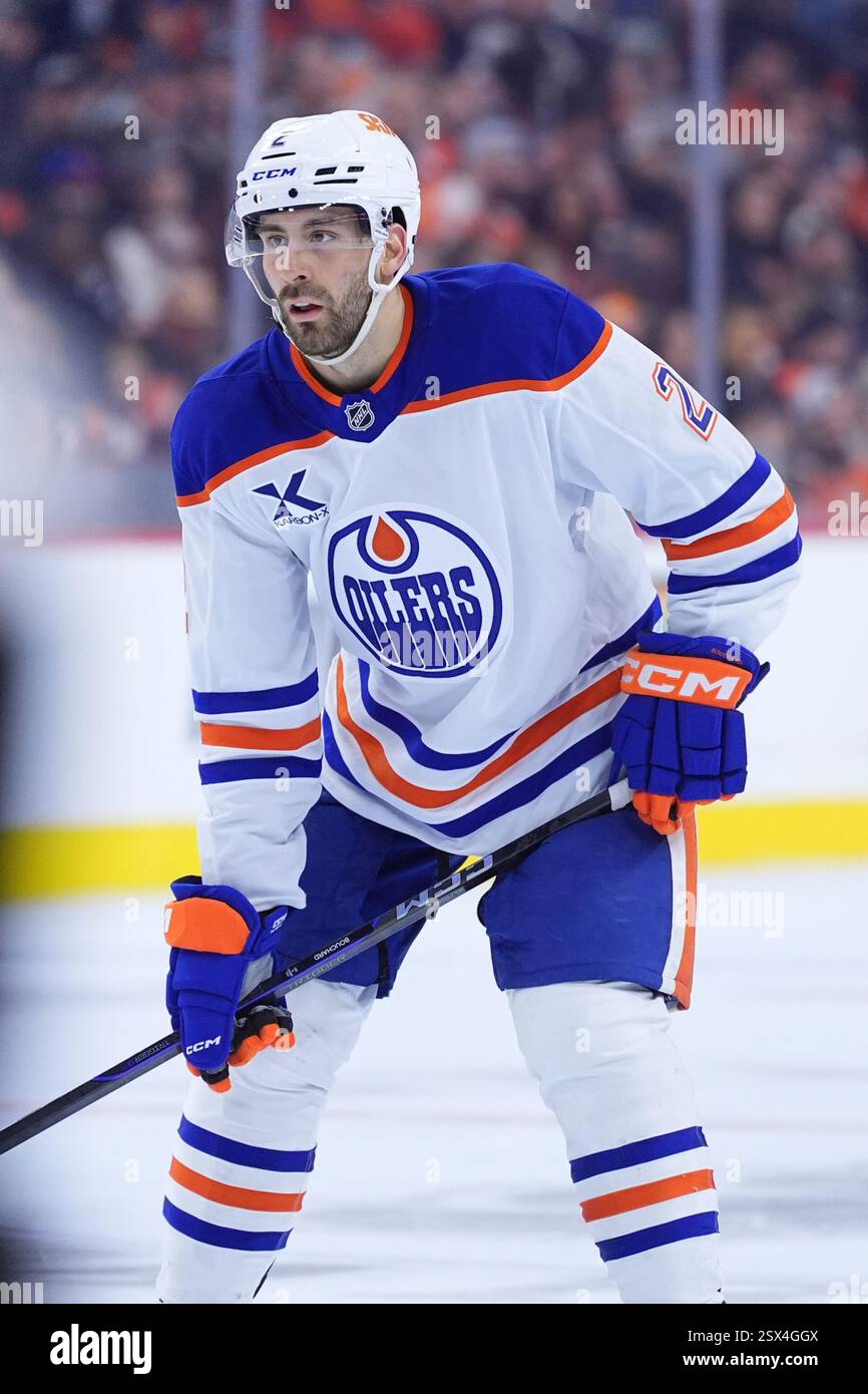 Edmonton Oilers' Evan Bouchard plays during an NHL hockey game ...