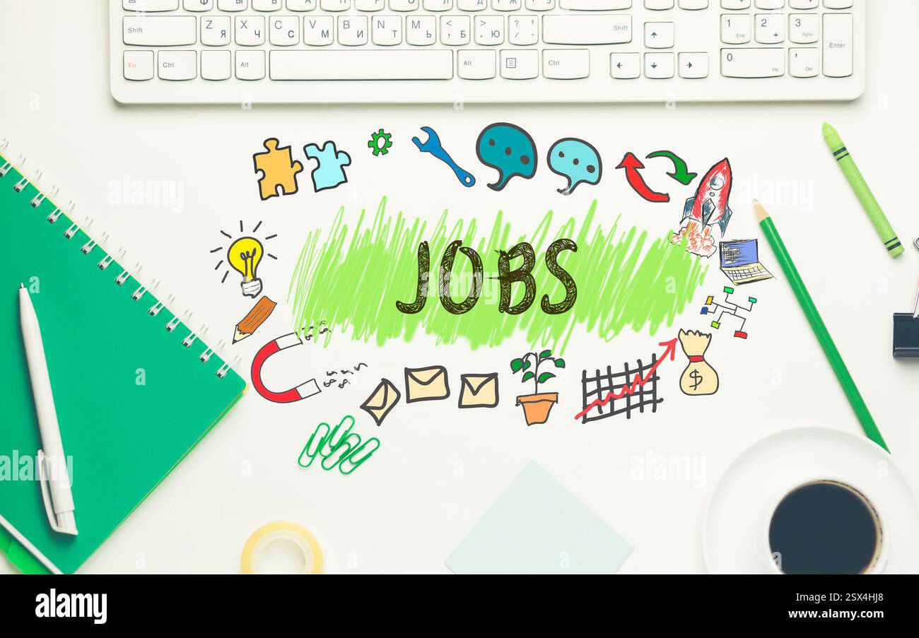 jobs text with computer keyboard and stationary Stock Photo - Alamy