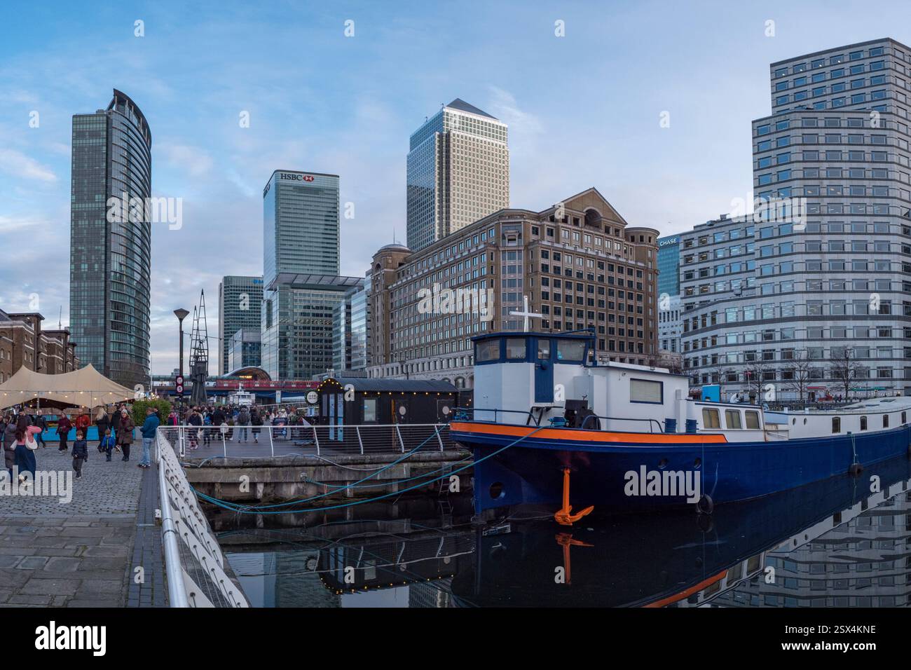 General view of West India Quay as dusk, London Docklands, London, UK ...