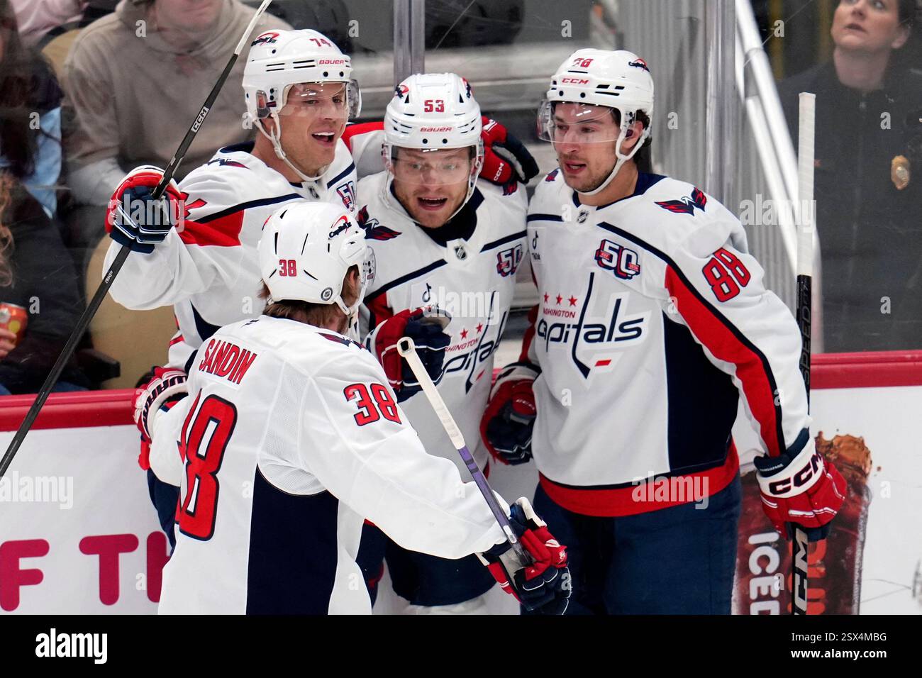 Washington Capitals' Ethen Frank (53) celebrates with teammates after ...