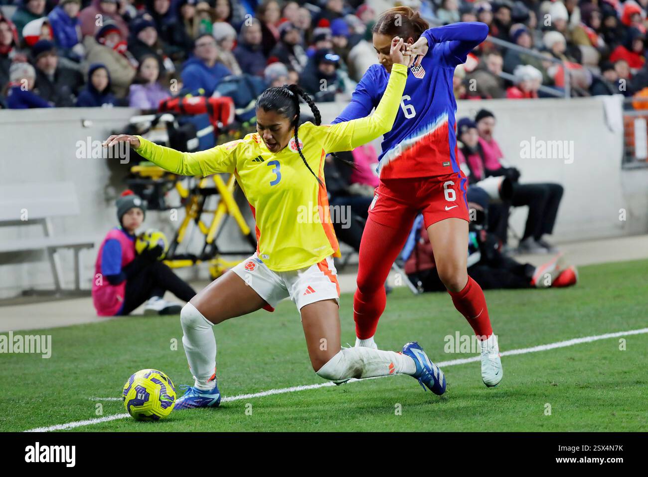 Colombia defender Daniela Arias (3) tries to keep the ball in-bounds as ...