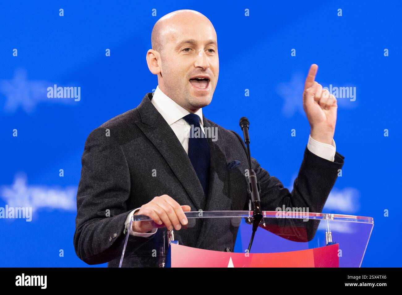 National Harbor, USA. 22nd Feb, 2025. Stephen Miller speaks during 2025 ...