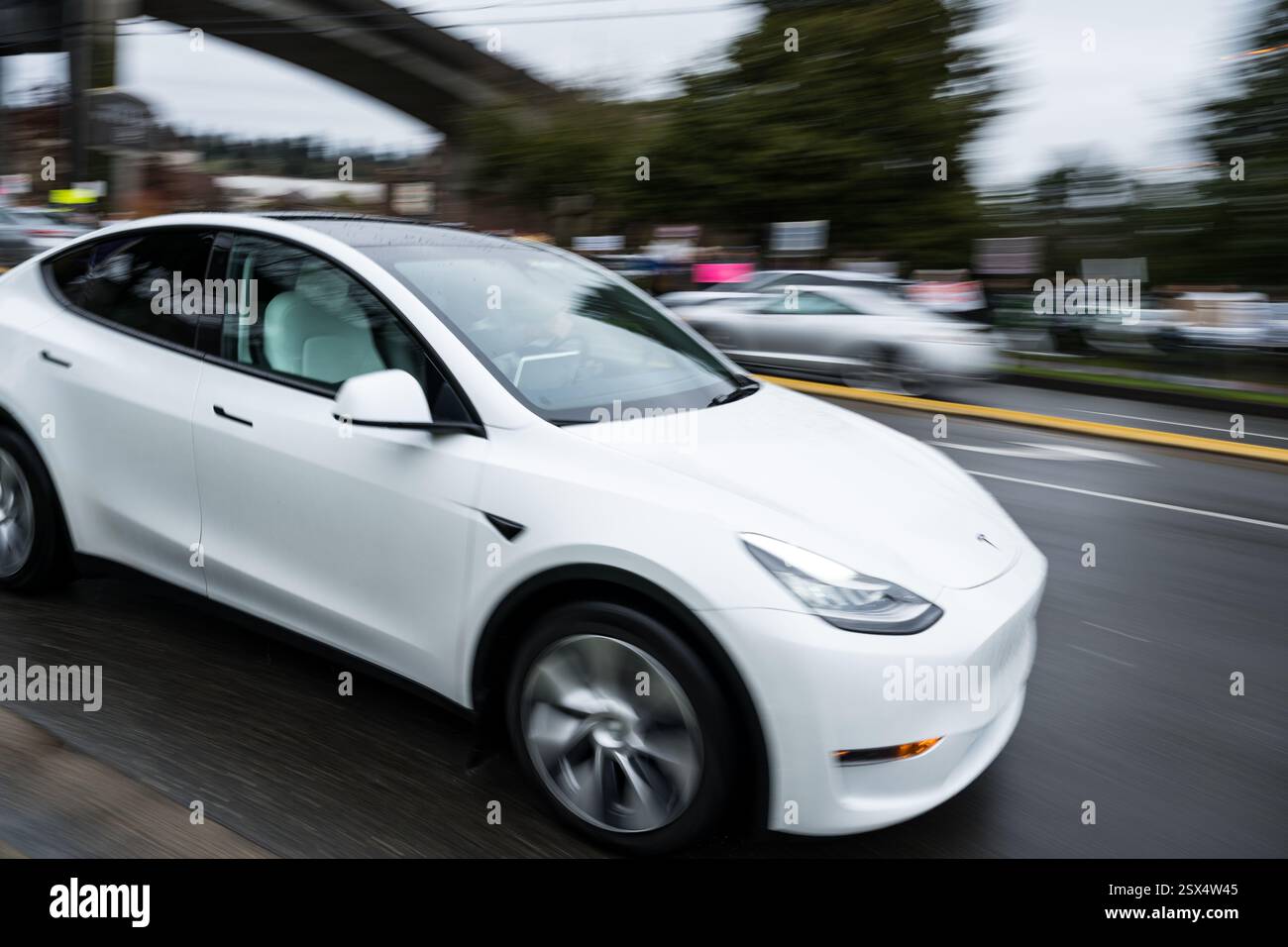 Seattle, USA. 22 Feb 2025. A Tesla driver gives the thumbs up to ...