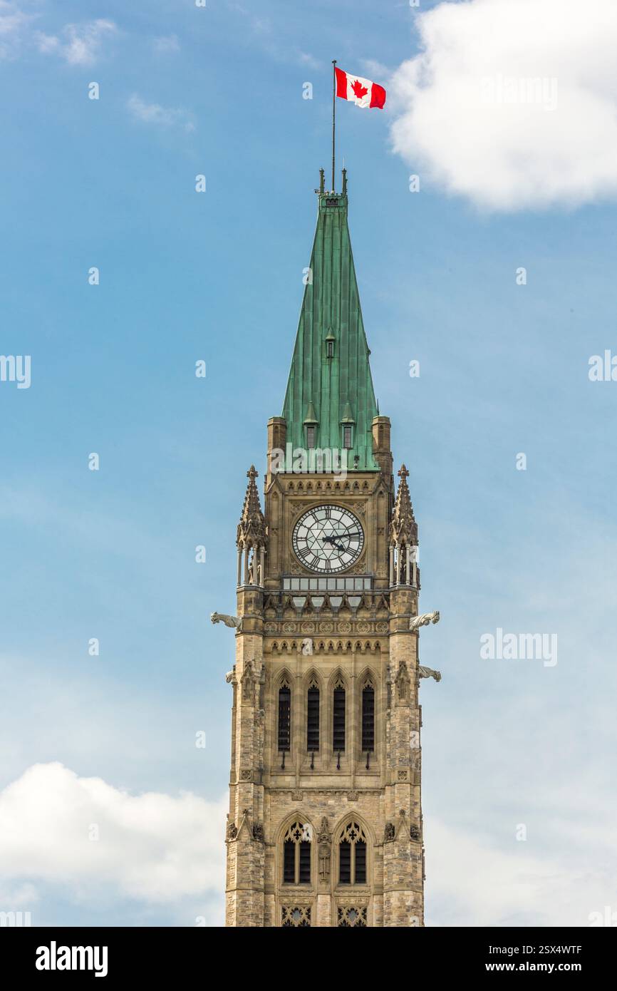 Large clock tower with a green spire and a Canadian flag on top. The ...